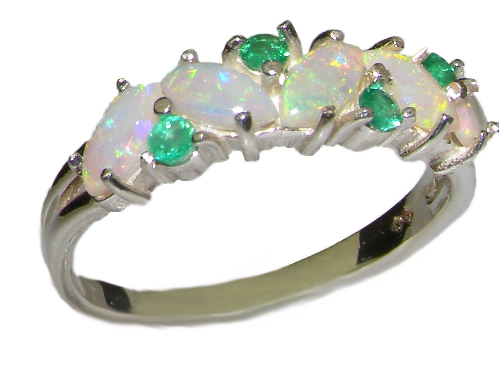 LetsBuyGold 925 Sterling Silver Natural Opal and Emerald Womens Eternity Ring - Size 11.75
