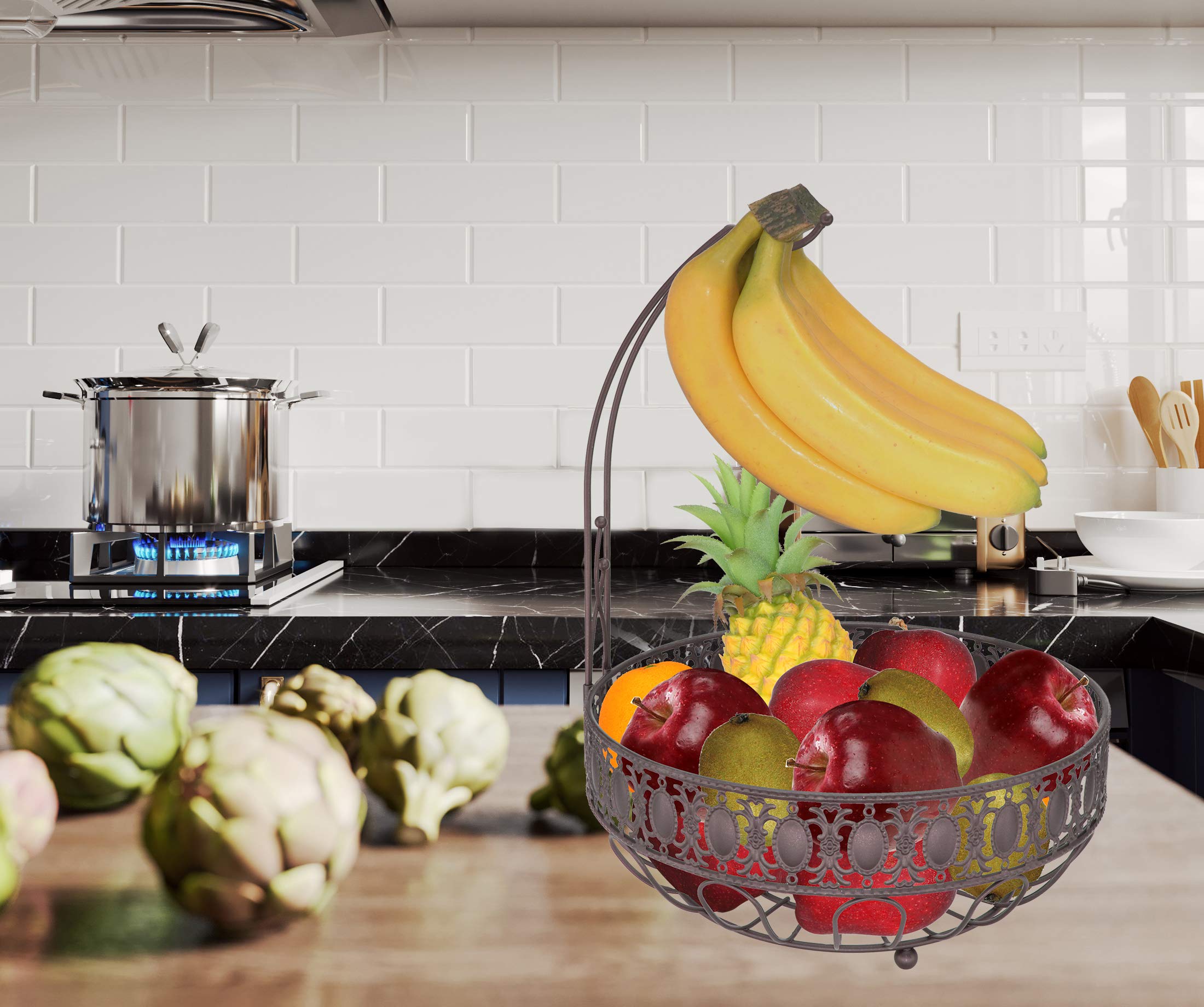 ROSYLINE Fruit basket Bowl, with Banana Hanger Suitable for kitchen, dining table decoration and storage (brown)