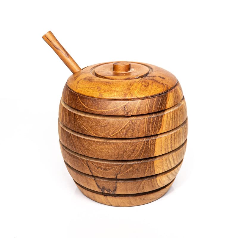 Rainforest Bowls Javanese Teak Wood Honey Jar w/Dipper Set- Ideal for Storing Honey, Jam & Syrups- Ultra-Durable- Premium Wooden Honey Jar Handcrafted by Indonesian Artisans