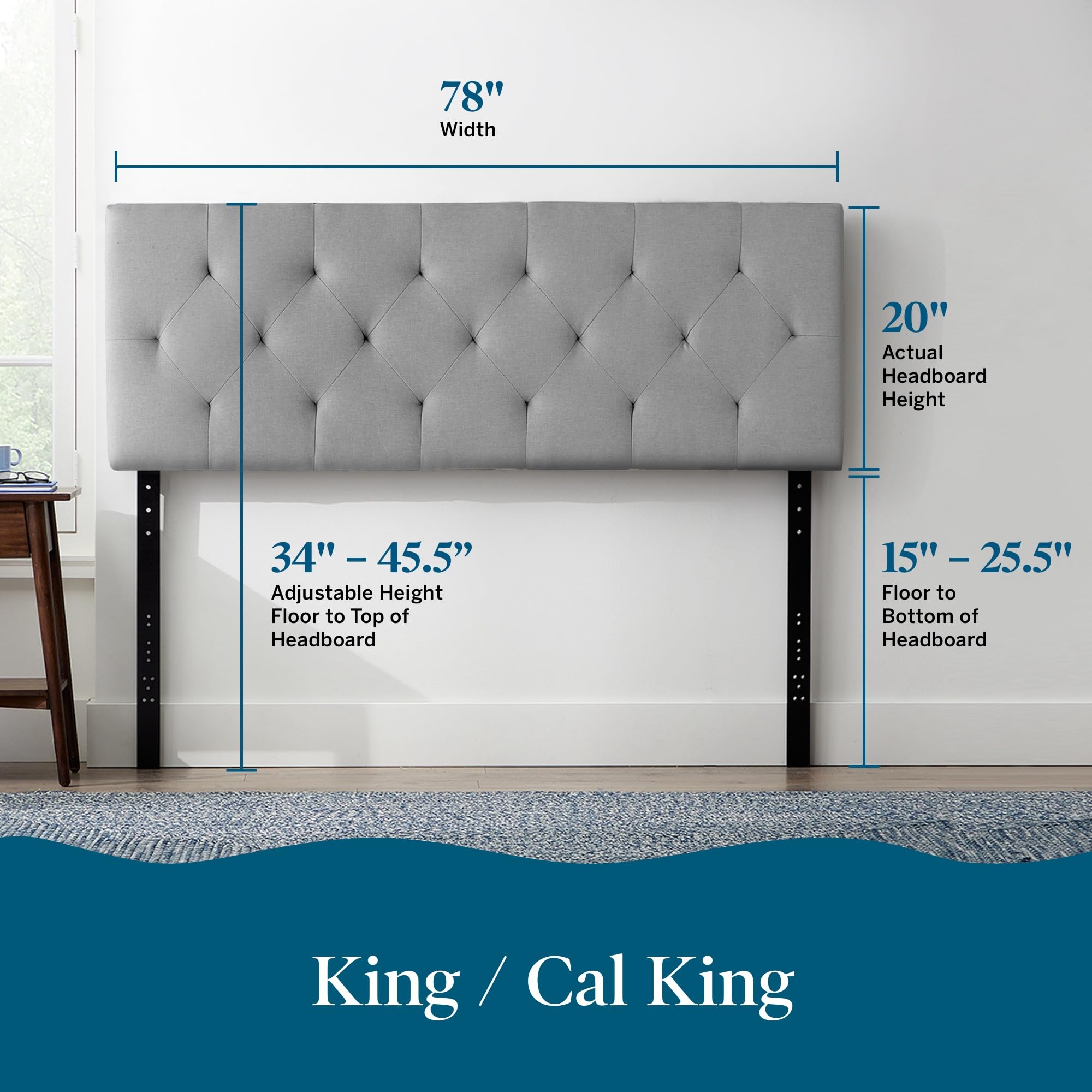LUCID Mid-Rise Upholstered Headboard - Diamond Tufted - Padded Polyester - Adjustable Height from 34β to 46β - Easy Assembly - Bed Frame or Wall Mount - Sturdy - Stone - King / Cal King Size