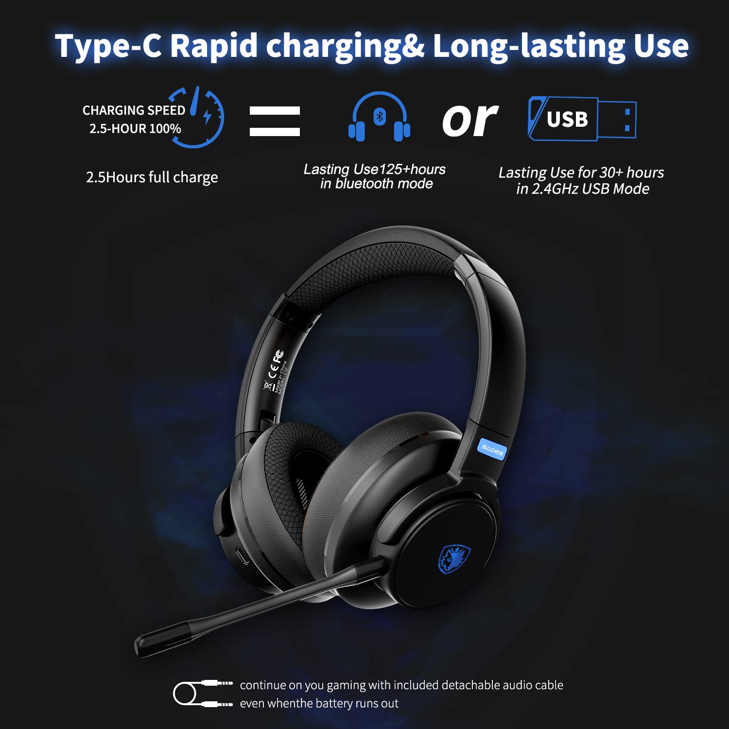SADES Wireless Headphones for pc Bluetooth Gaming Headphones 2.4GHz Wired Switchable Dual Sound Effects Detachable Noise Cancelling Mic for PS5, PS4,Mac, Nintendo Switch, Phone/TV Low Latency (Black)