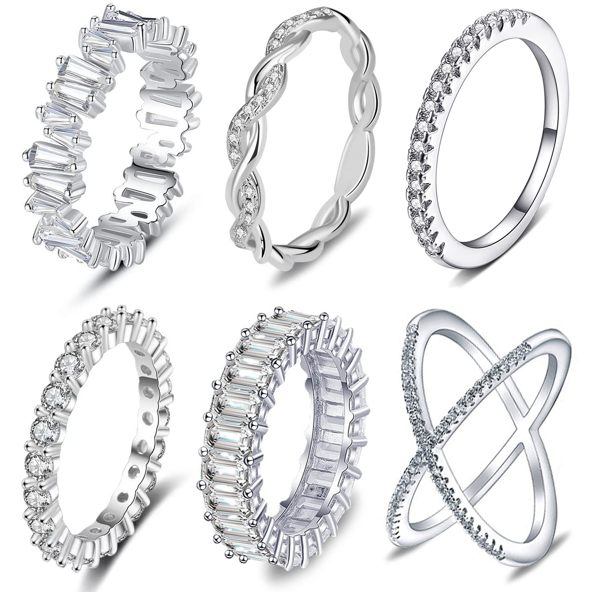 RIOSO 6Pcs Cubic Zirconia Eternity Band for Women Twisted Rope Stackable Simple Eternity Bands Ring Silver Wedding Band Rings