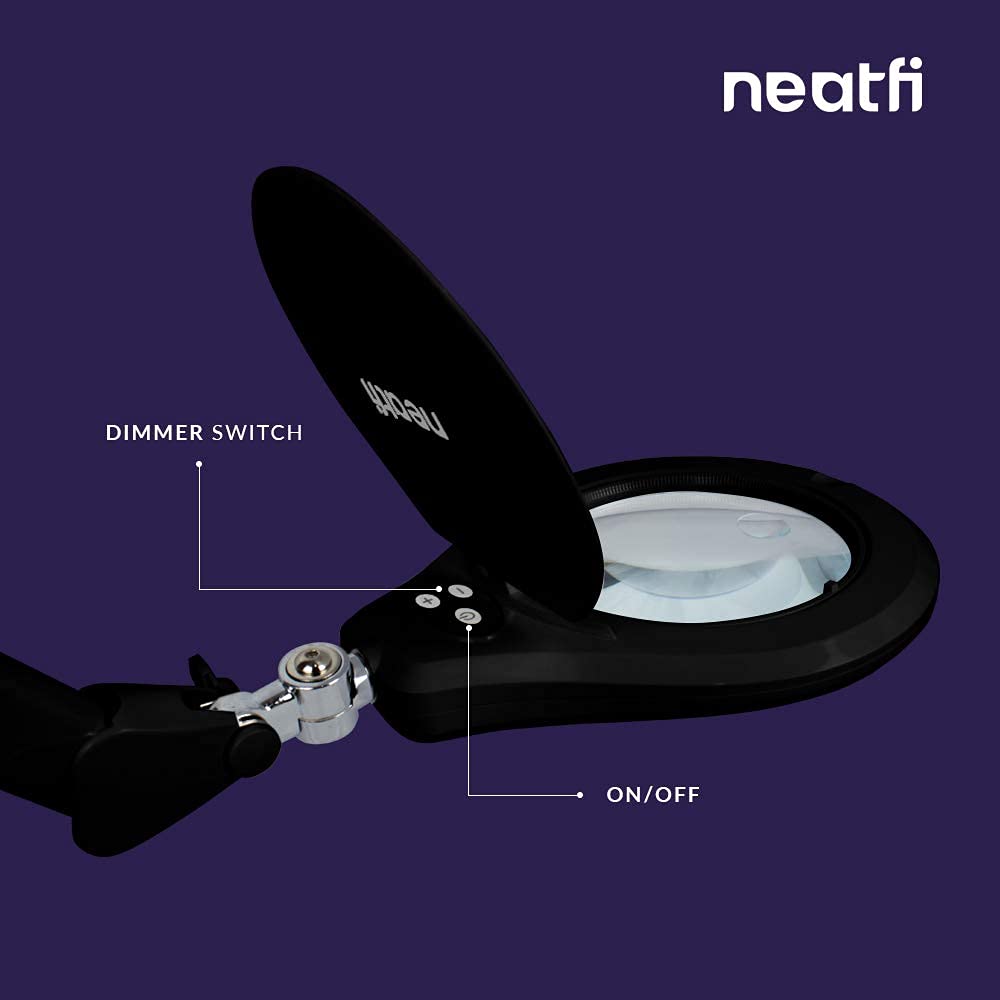 Neatfi Elite XL HD Bifocals Super LED Magnifying Lamp with Clamp, Glass Lens, 6500K, Glare-Free, Nonpolar Dimming (6 Inch Lens, Black)