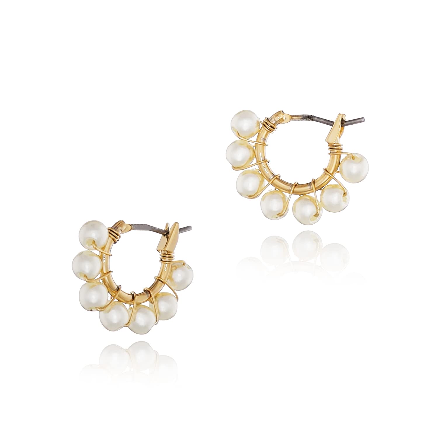 Simulated Pearl Lightweight Hoop Earrings for Women Girls (Gold)