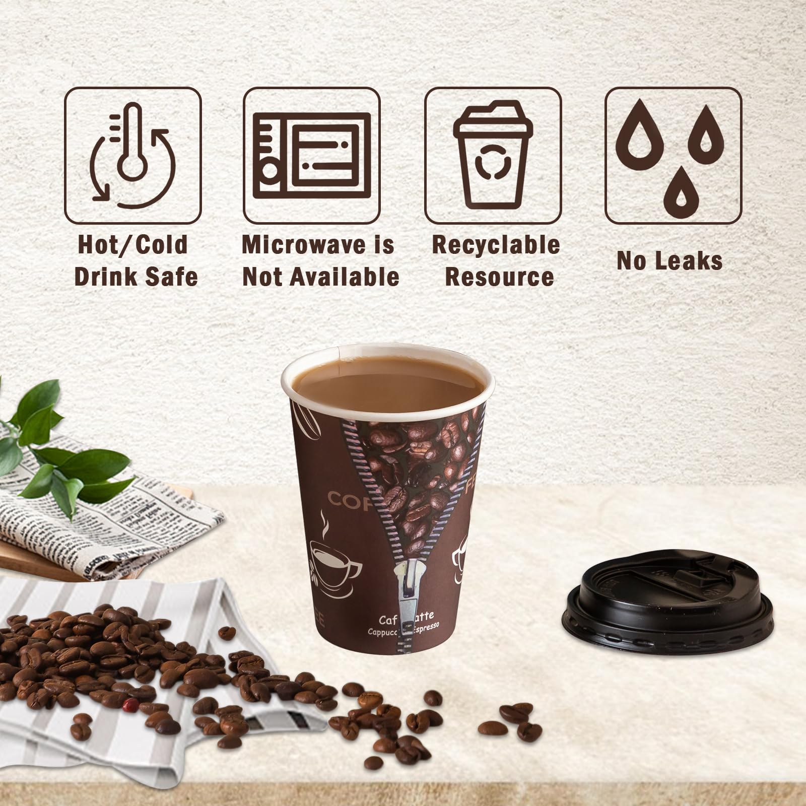 Lamosi 12 oz Coffee Cups with Lids,Sleeves -100 Pack Disposable Coffee Cups To Go Insulation Coffee Cups for Shops, Cafes, and Hot/Cold Drink(Dark Brown)
