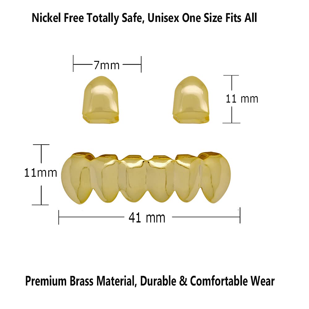 LuReen 14k Gold 2 PC Single Shiny Teeth Grillz 6 Bottom Grillz Set Hip Hop Teeth Grills for Teeth Rapper Halloween Costume Cosplay
