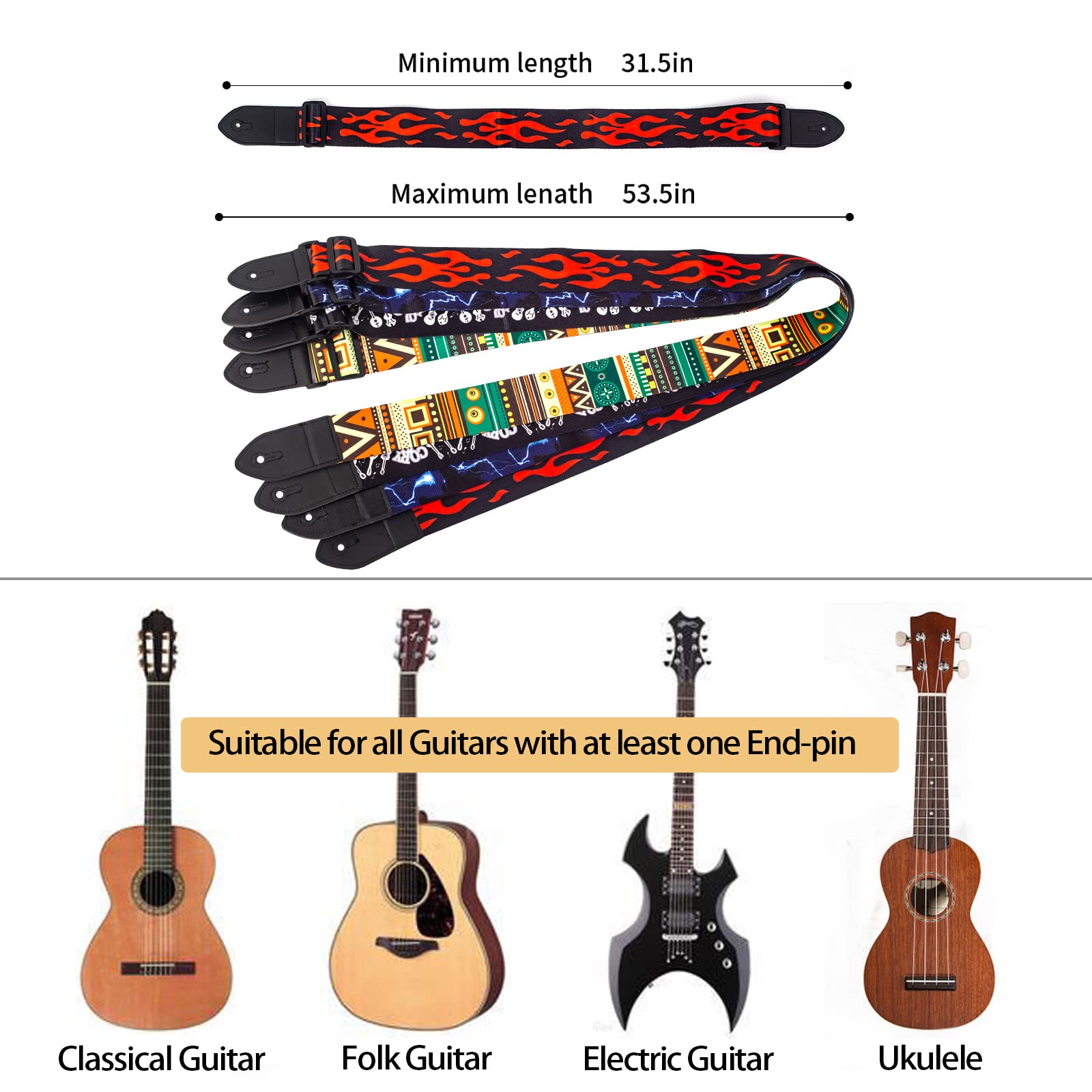 SINBRLAI Guitar Strap, Soft Polyester Cotton Red Flame Bass Guitar Strap Adjustable Length, Suitable for Bass, Electric, Acoustic Guitar