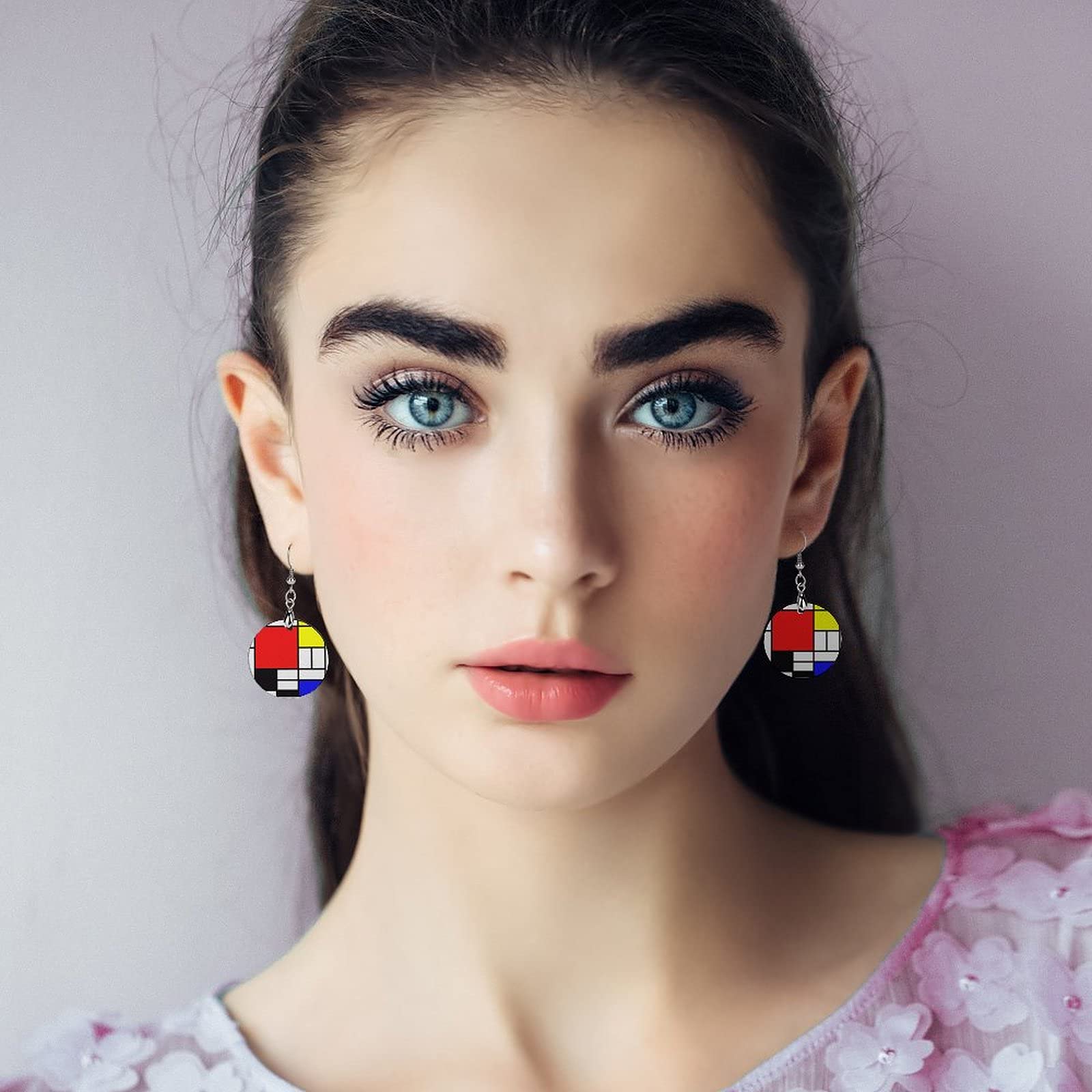 Mondrian Style Round Wooden Earrings Pendant Retro Dangle For Women Girl's