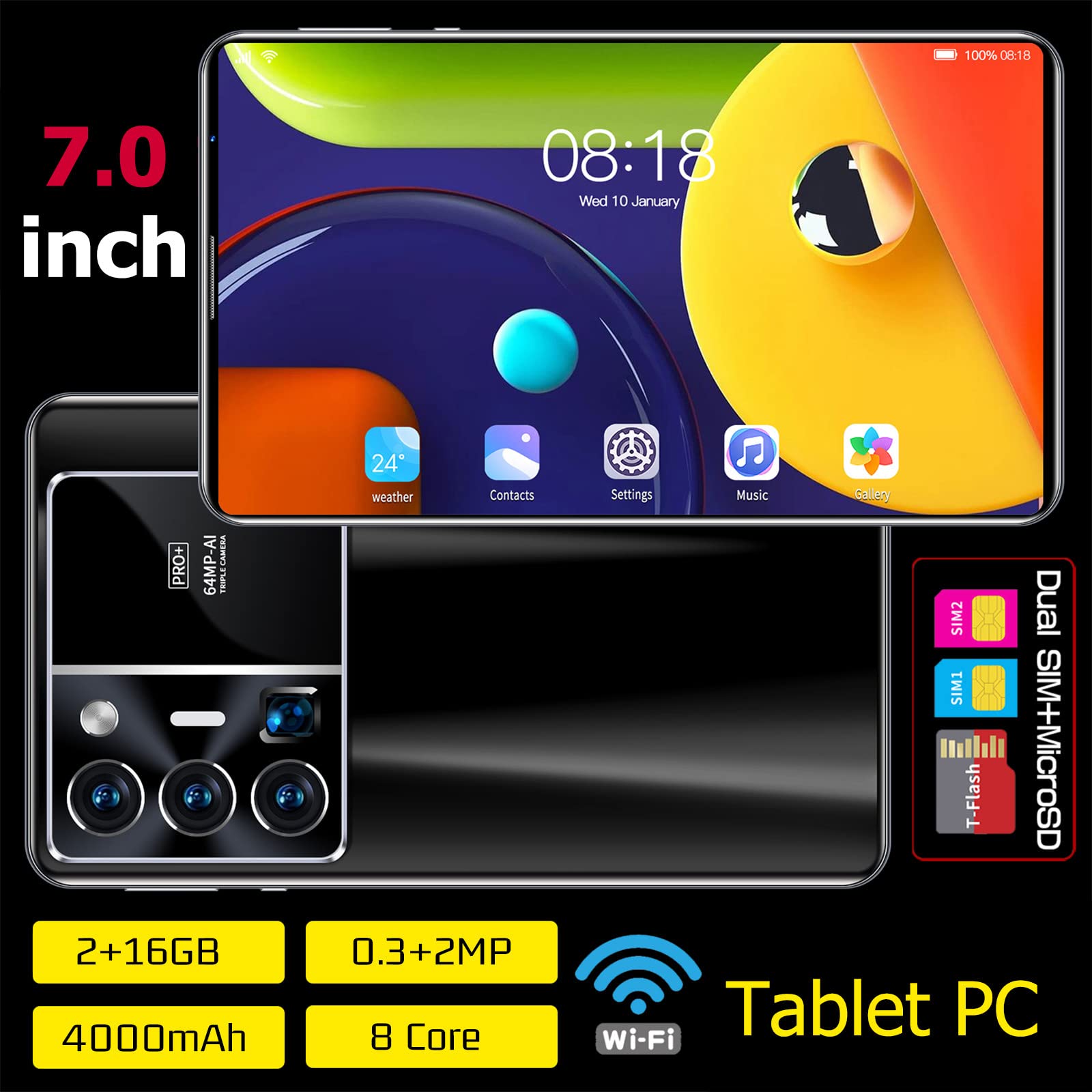 Unlocked Cell Phones Tablet Laptop, Android Tablet WiFi Blue-Tooth Voice Call Game Tablet, 7Inch IPS Display Screen,WiFi,2GB RAM+16GB ROM,4000mAh for Father Childrens (Black)
