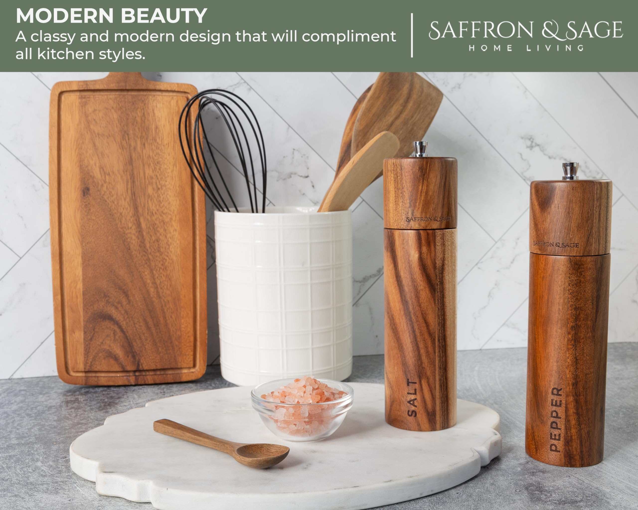Saffron & Sage Premium Acacia Wood Salt and Pepper Grinder Set of 2-8β Tall Salt and Peppercorn Mill with Adjustable Coarse Settings, Rust Resistant, Smooth and Quality Grinding Mechanism