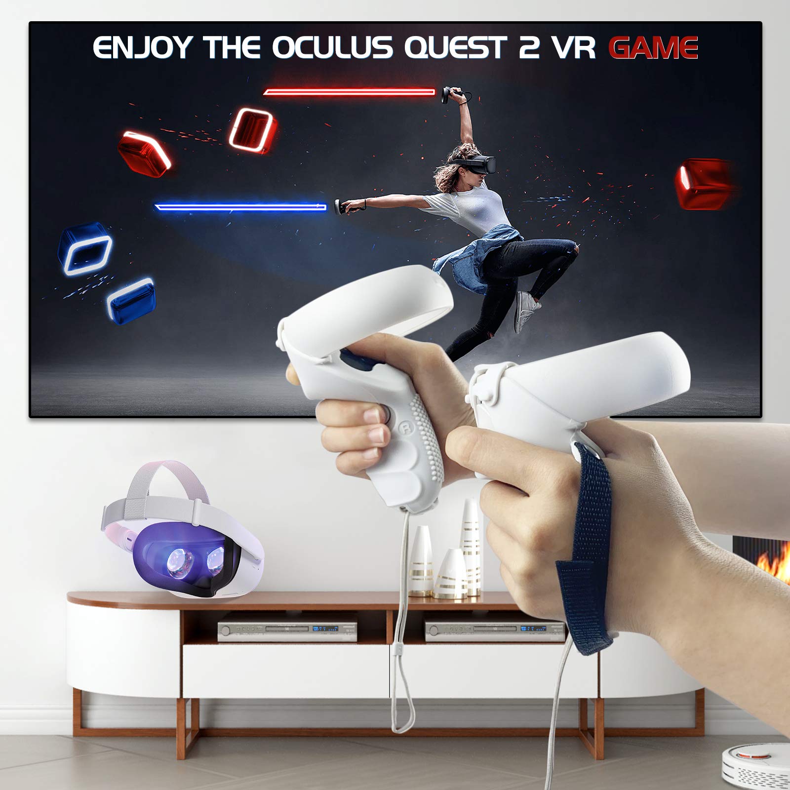 Oculus Quest 2 Controller Cover Grips with Straps, Silicone Halo Protector Accessories, Controller Bumper Protector,Ring Cover with Knuckle Straps,Anti-slip,Anti-throw,2 Rocker Caps for Free(White)