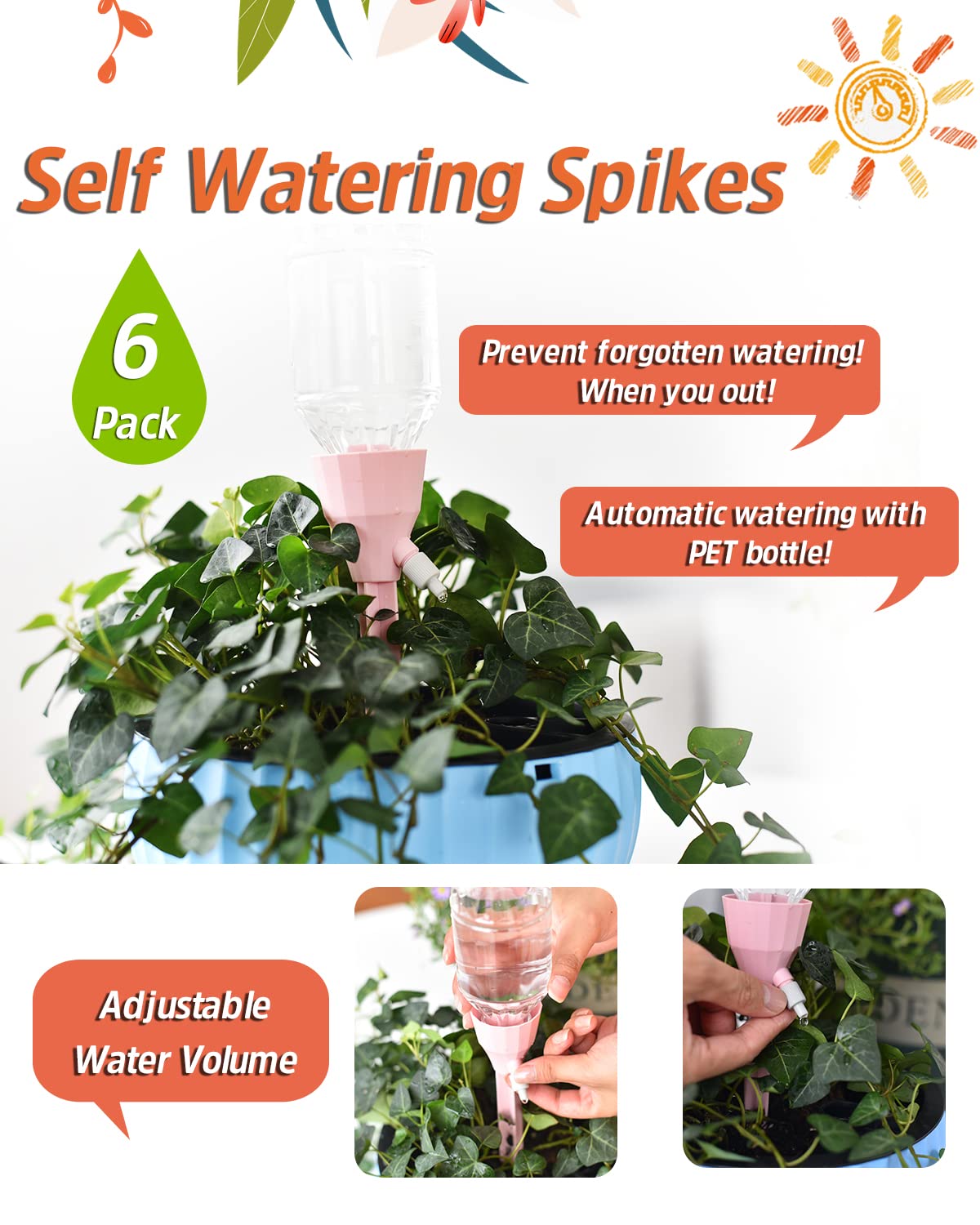 Visionkids Self Watering Spikes,6 Pack Plant Watering Devices,Automatic Irrigation Waterer Slow Release Control Valve Adjustable Water Volume Drip for Vacations Outdoor Indoor Potted Plant (6Pcs)