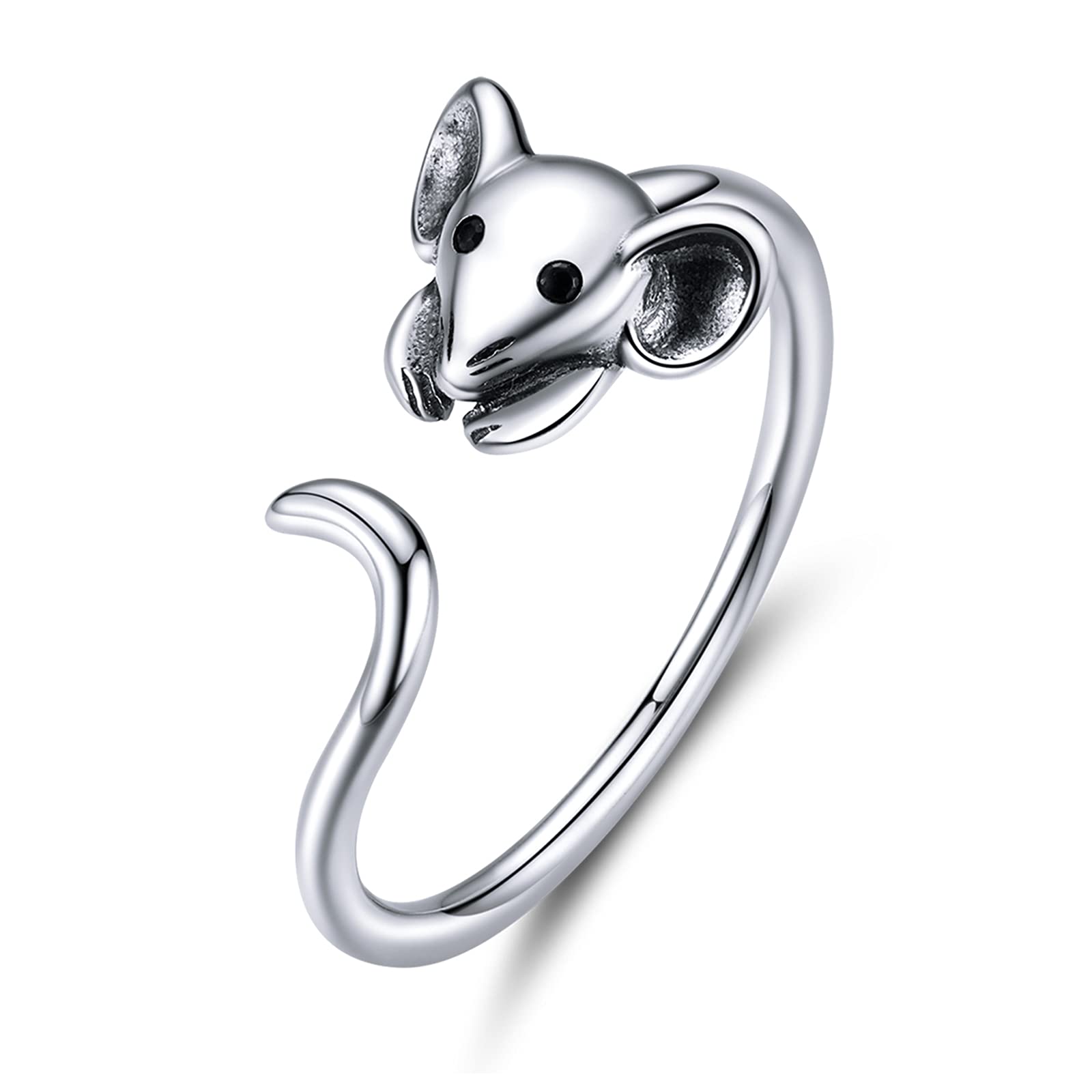 Qings Cute Mouse Ring 925 Sterling Silver Cubic Zirconia Open Ring, Adjustable Animal Wrap Ring Jewelry Gift for Women