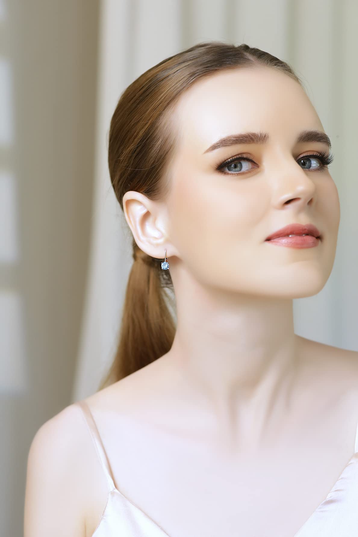 Leverback Earrings for Women Sterling Silver Light Blue Crystal Round-cut Drop Earring for Bridesmaids