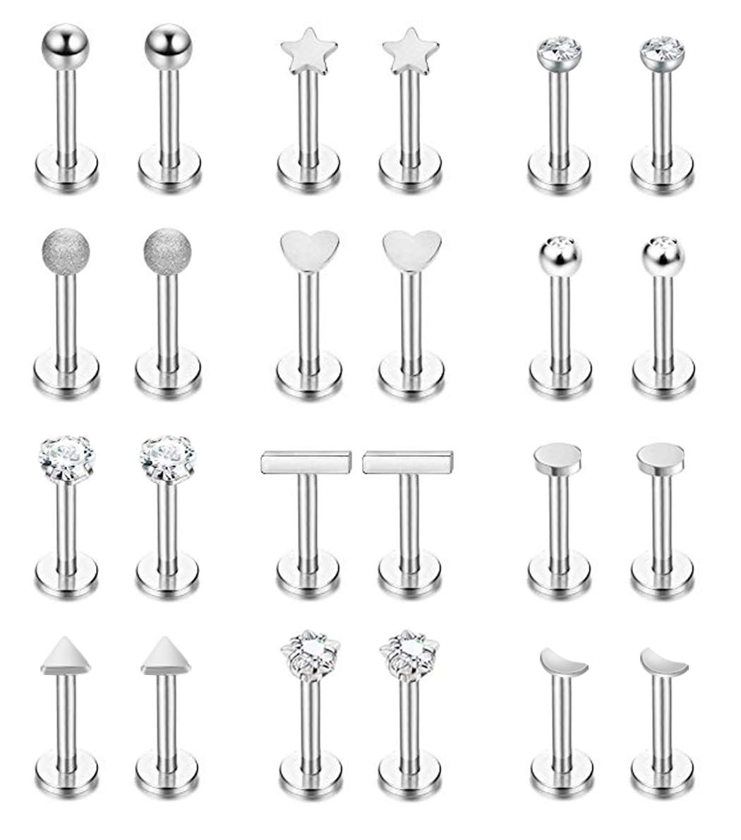 Masedy 24Pcs 16G 316L Stainless Steel Labret Monroe Lip Ring Studs CZ Cartilage Helix Tragus Piercing Studs 6MM