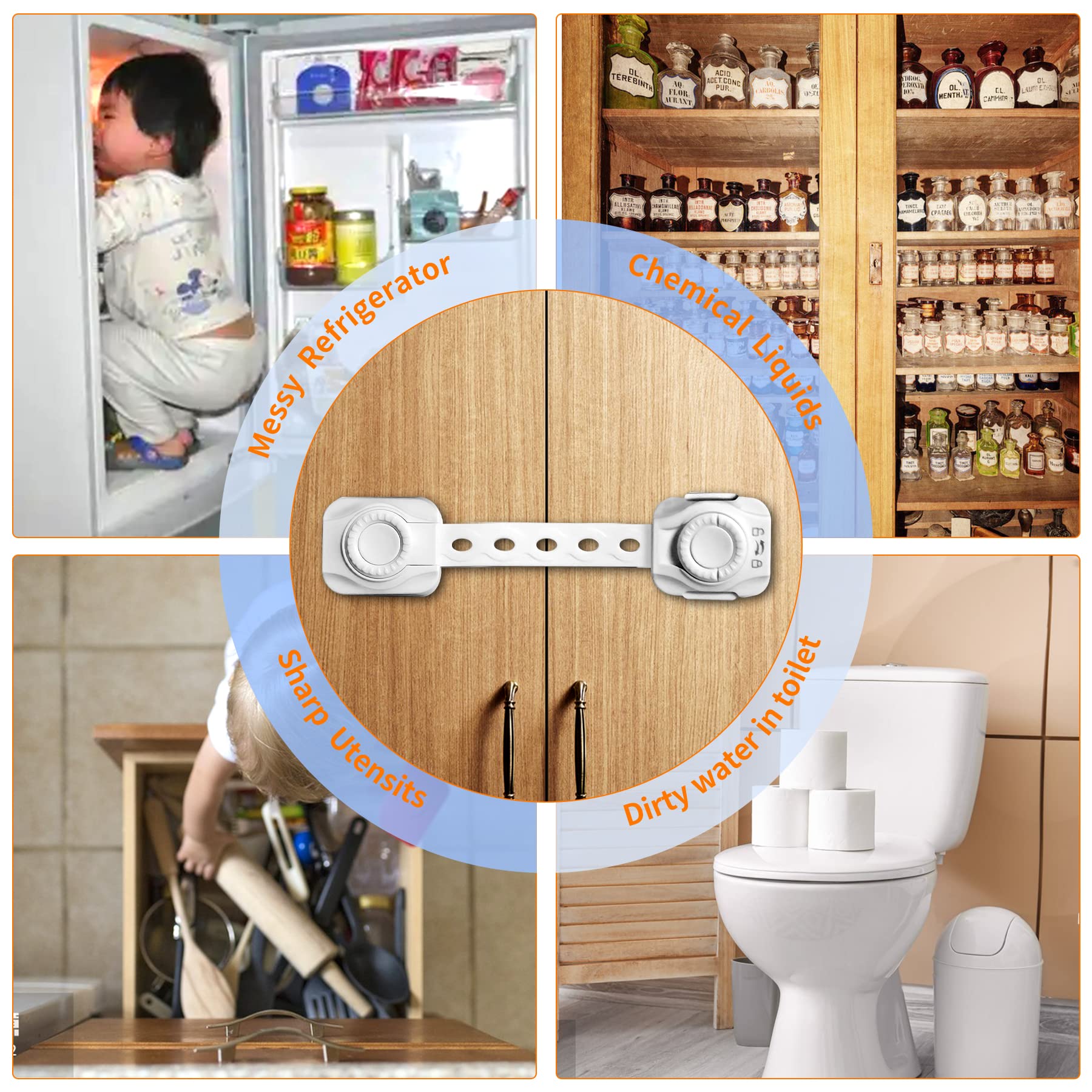 VIUISDFMIN 6 Pack Baby Locks Child Safety Strap Locks Safe Quick and Easy 3M Adhesives No Drilling Adjustable Flexible Strap Baby Proofing Cabinet Locks for Cabinets and Drawers, Toilet, Fridge