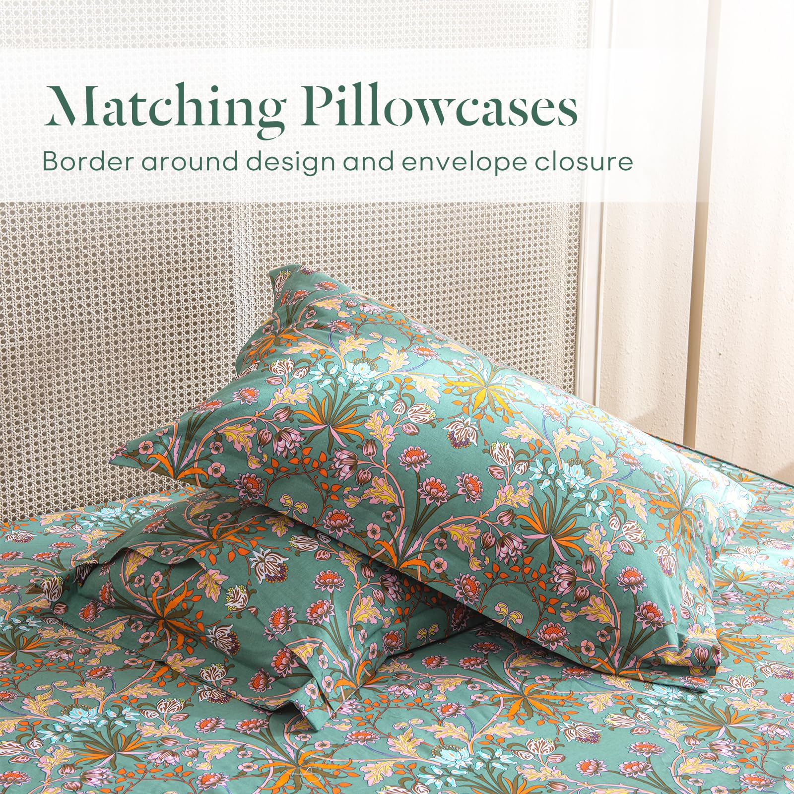 Lady Ann 100% Cotton Floral Sheets Full Size, Vibrant Paisley Flowers Printed on Green Pattern Sheets Full Size Bed Dorm Bedding Breathable Deep Pocket Preppy Bed Sheets 4PCS Set