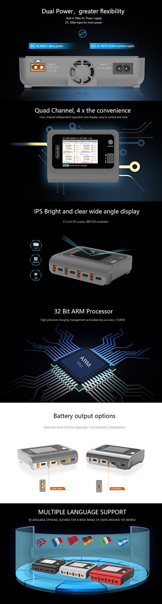ToolkitRC Q4AC 4x50w 4 Ports XT60 Adapters AC DC Smart Charger IPS Bright and Clear Wide Angle Display US Plug