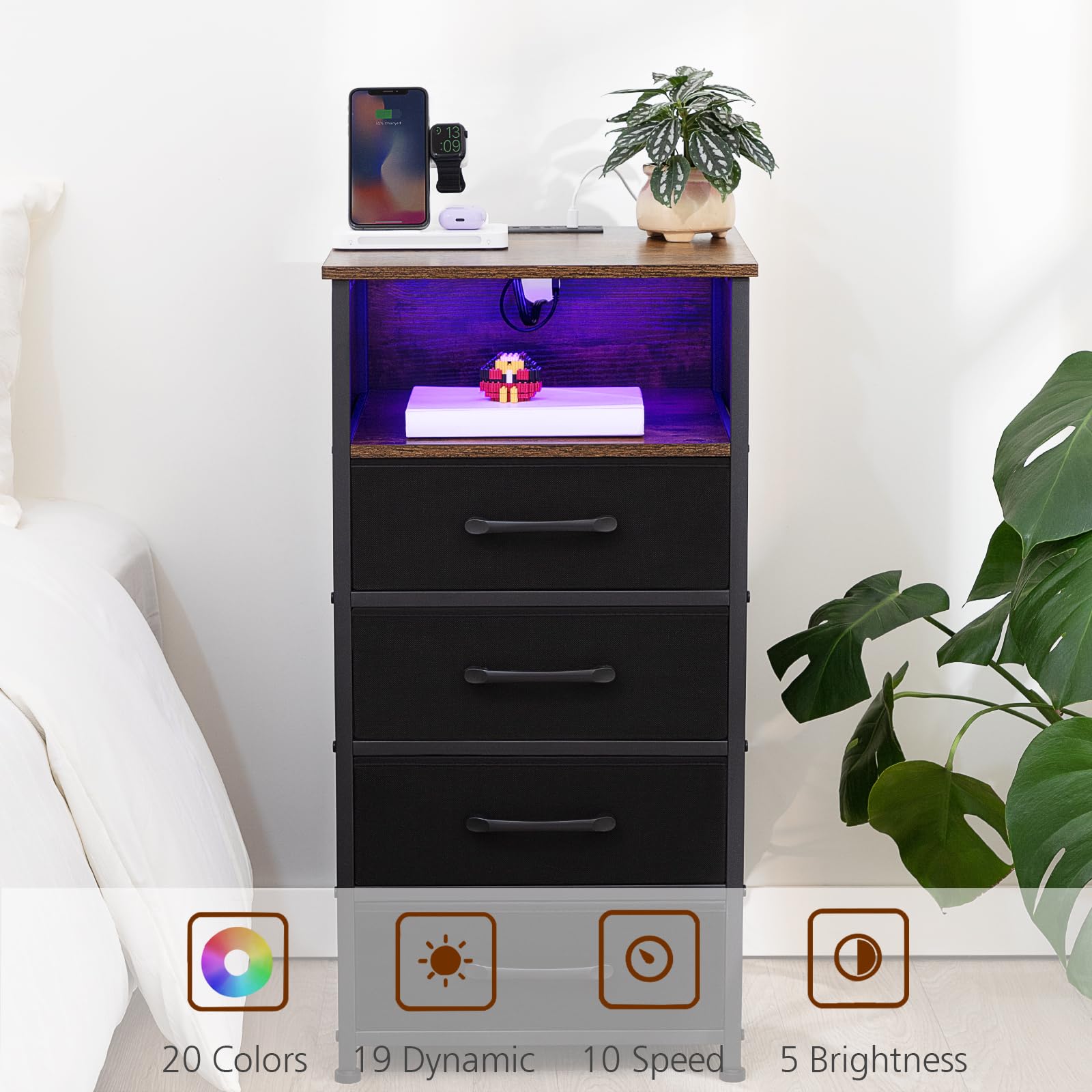 LOAKEKEL Night Stand Set 2, Tall Nightstand with Charging Station, Dresser for Bedroom with 4 Drawers, LED End Tables with USB Ports and Outlets, Bedside Table with Storage Bins, Brown, HNS034BR