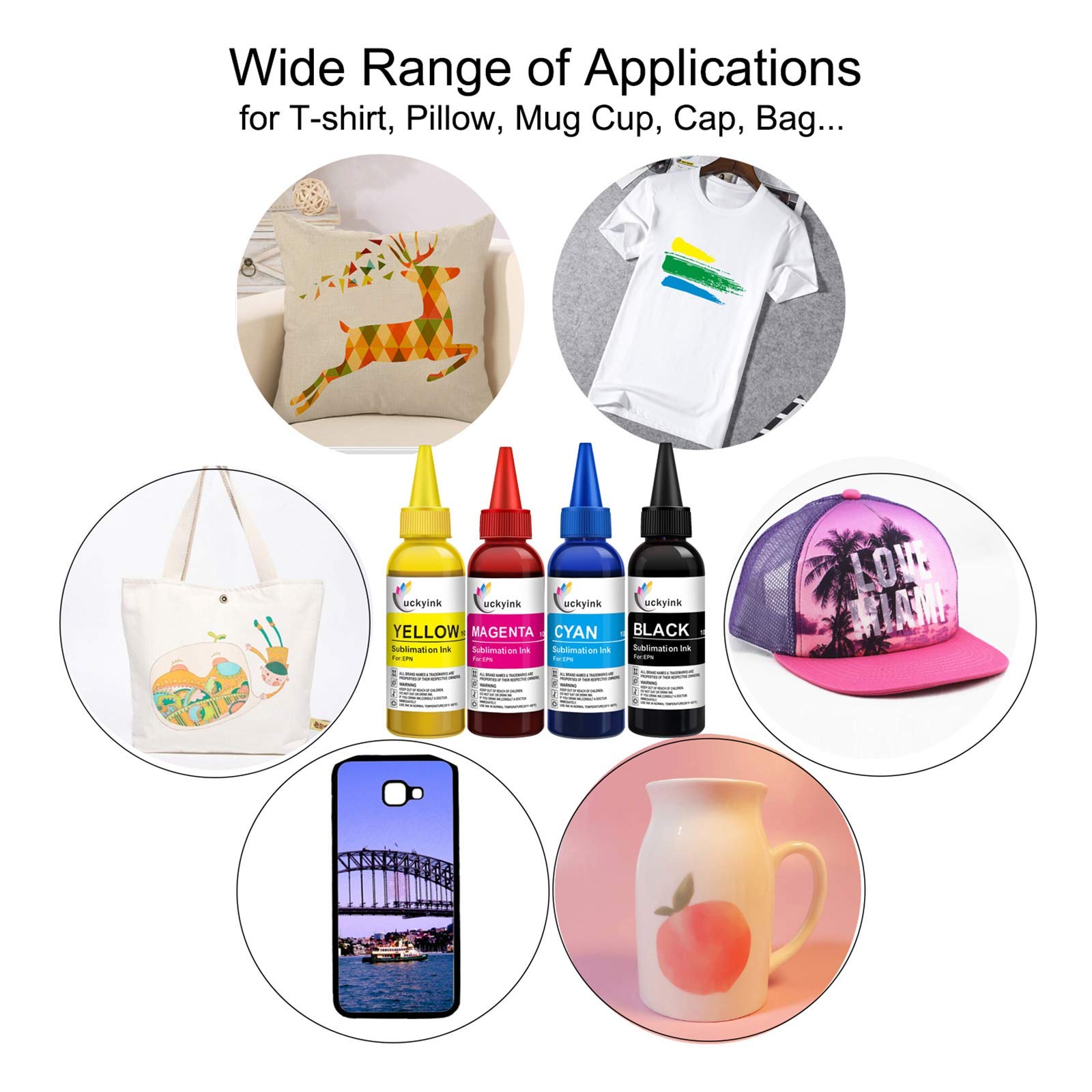 Luckyink Sublimation Ink Refill for Ecotank ET2720 ET2760 ET4700 WF7710 WF7720 WF7210 WF3640 WF3620 WF7110 C88 C88+ Printer Heat Press Transfer on Cloth, Pillow Case, Cap, Bag with sublimation printer