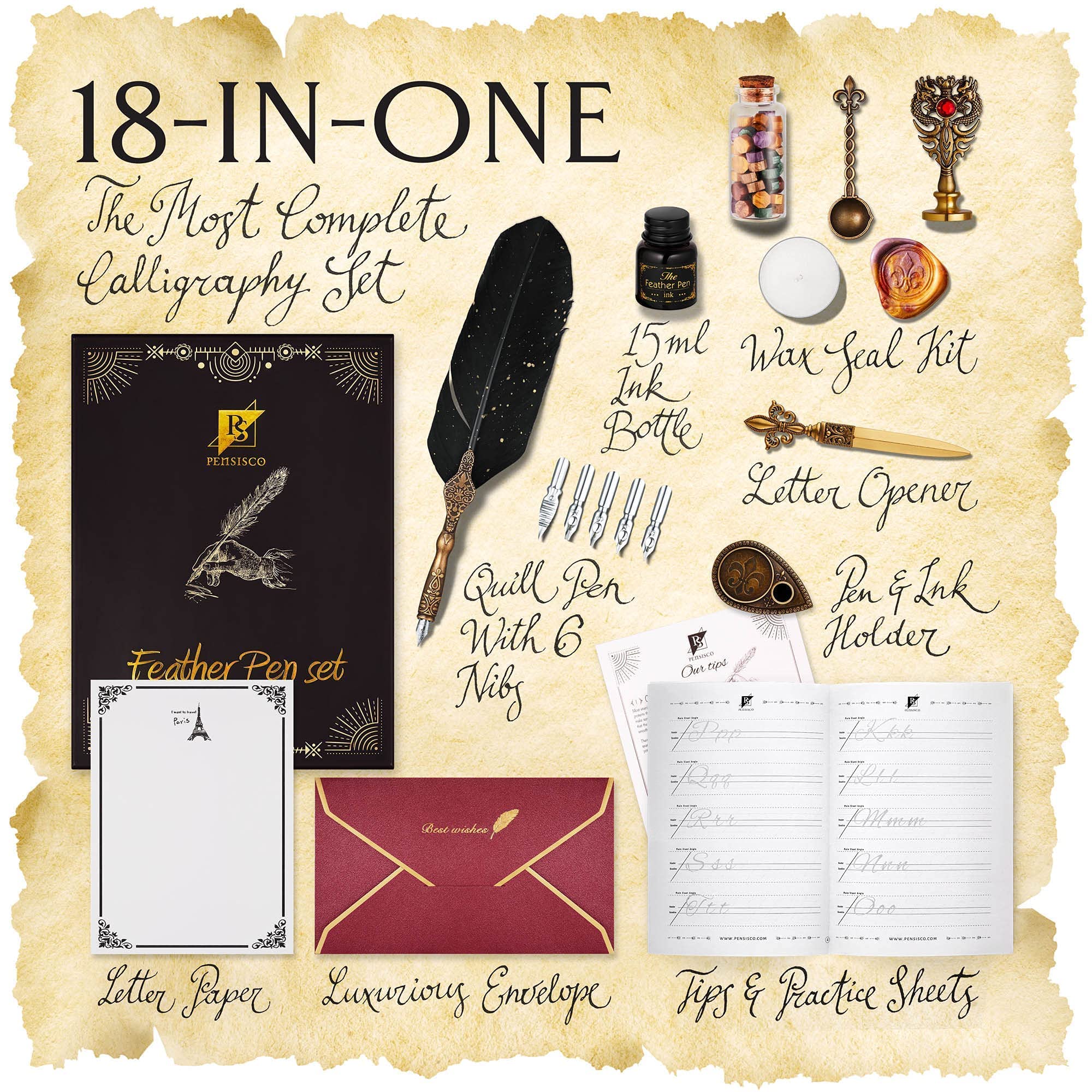 PENSISCO Quill Pen and Ink Set - Feather Pen Kit With Fine Ink Pen,18-in-One Vintage, Complete Calligraphy Set for Beginners & Enthusiasts, Includes Practice Sheets That Will Make You a Pro (Red)