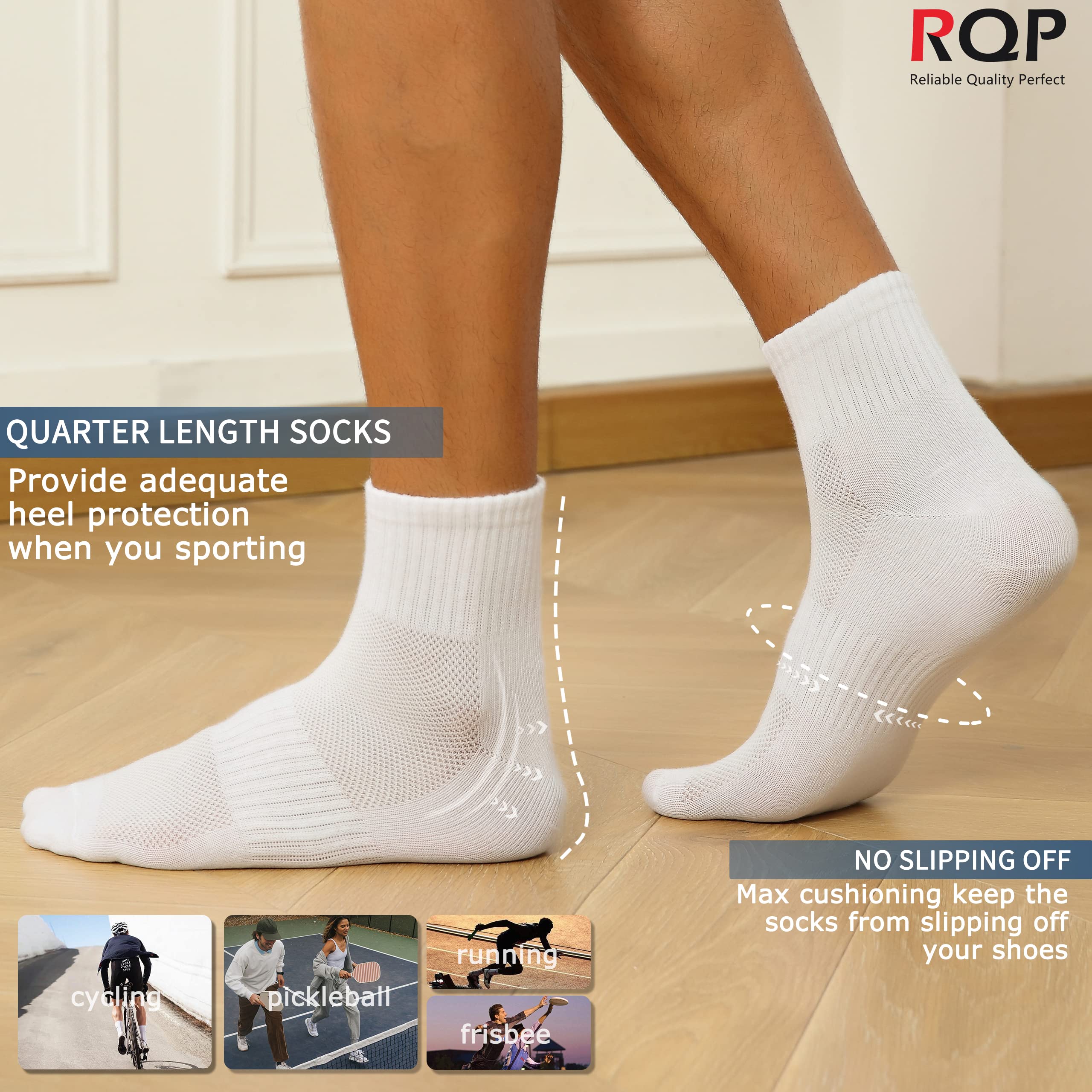 RQP Mens Athletic Ankle Socks,4 Pair Size 9-12 Compression Running Cotton 3D Mesh Heavy Duty Quarter Length Knit Cushioned Liner Work Sox,White