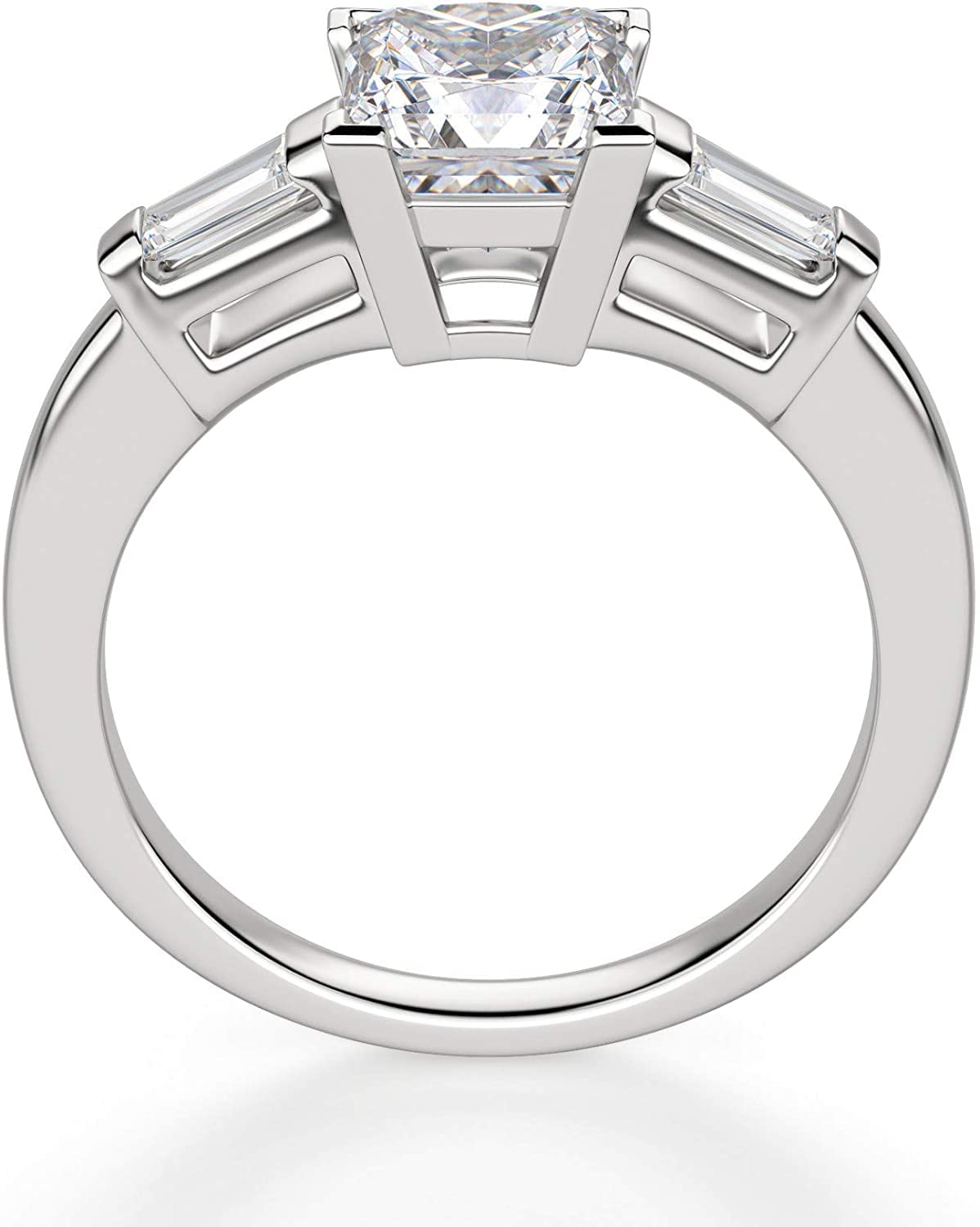RITZIN Beautiful Princess & Baguette Cut White Moissanite Diamond Three Stone Ring Crafted In 925 Sterling Silver or 10K 14K White Gold Ring (14K Gold, US6)