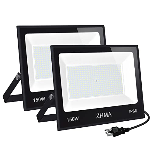 ZHMA 2 Pack 150W Led Flood Lights Outdoor, 12000LM Super Bright Work Light, IP66 Waterproof, 6500K Daylight White, Outdoor FloodLights for Backyard,Playground,Basketball Court