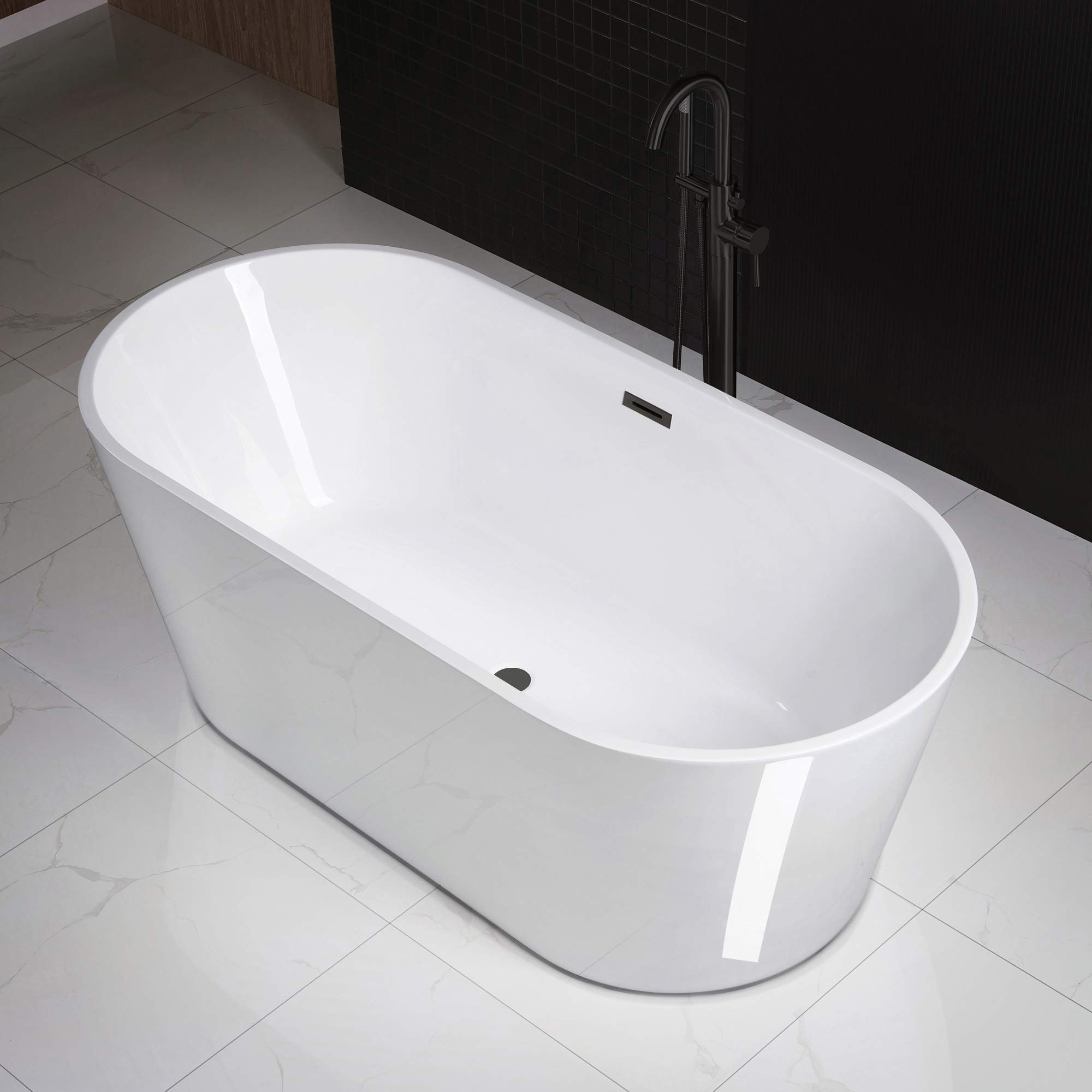 WOODBRIDGE 67" Acrylic Freestanding Bathtub Contemporary Soaking White Tub with Matte Black Overflow and Drain,B0013-MB