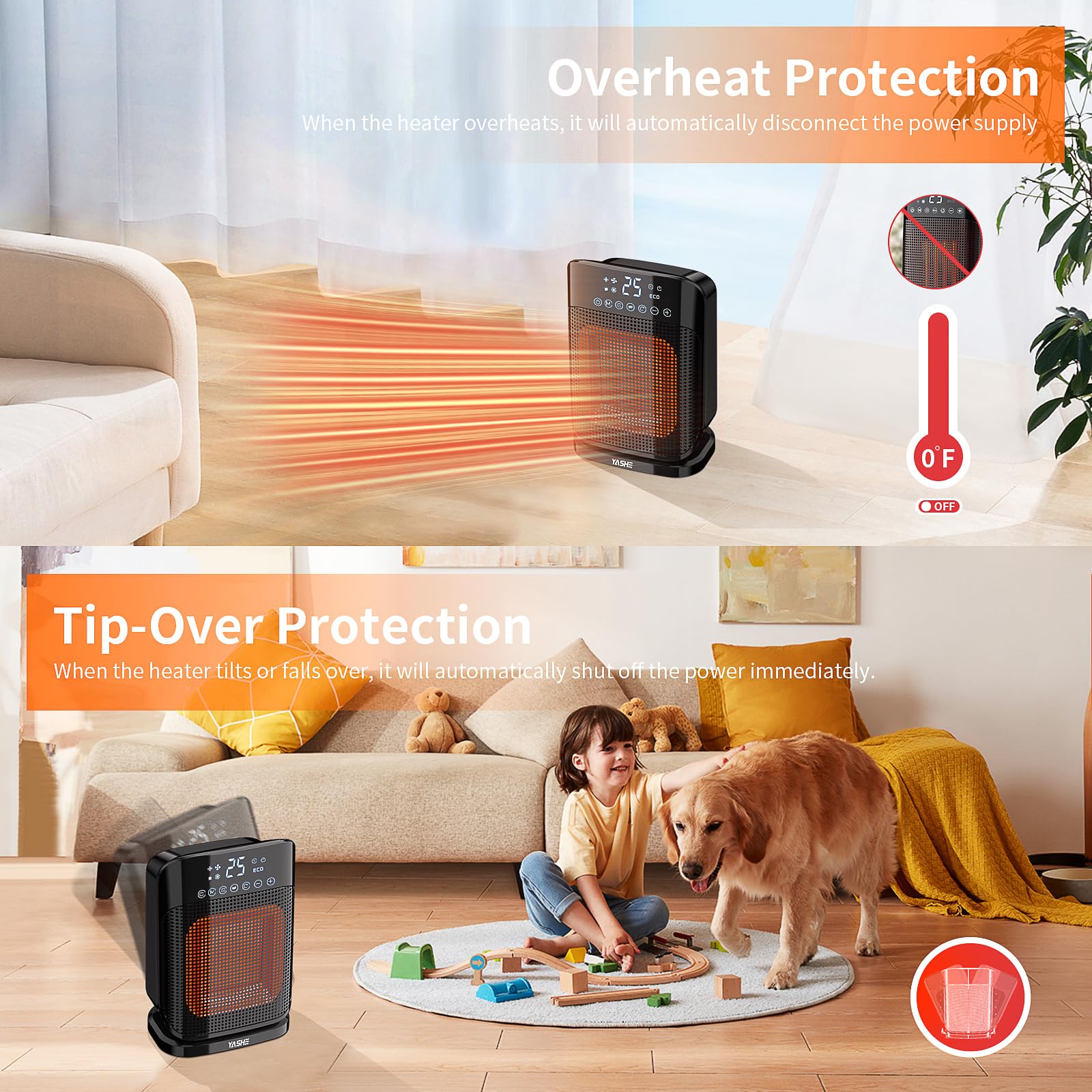 YASHE Space Heater, 1500W Portable Electric Heater for Indoor Use with Thermostat, 75° Oscillation, Digital Display, Remote Control, 24H Timer, ECO Mode, Fast Ceramic Heating for Home, Office, Bedroom