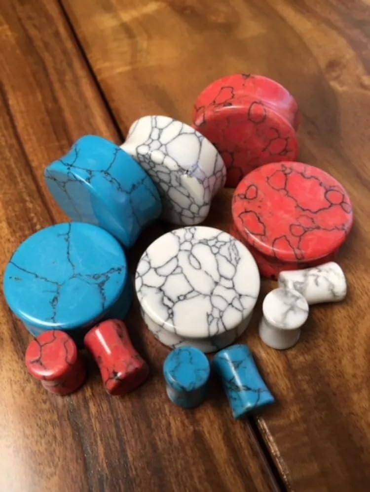 Lobal Domination ALL 3 PAIR Blue & Red Turquoise, White Howlite Stone Plugs Gauges (3/4" (19mm))