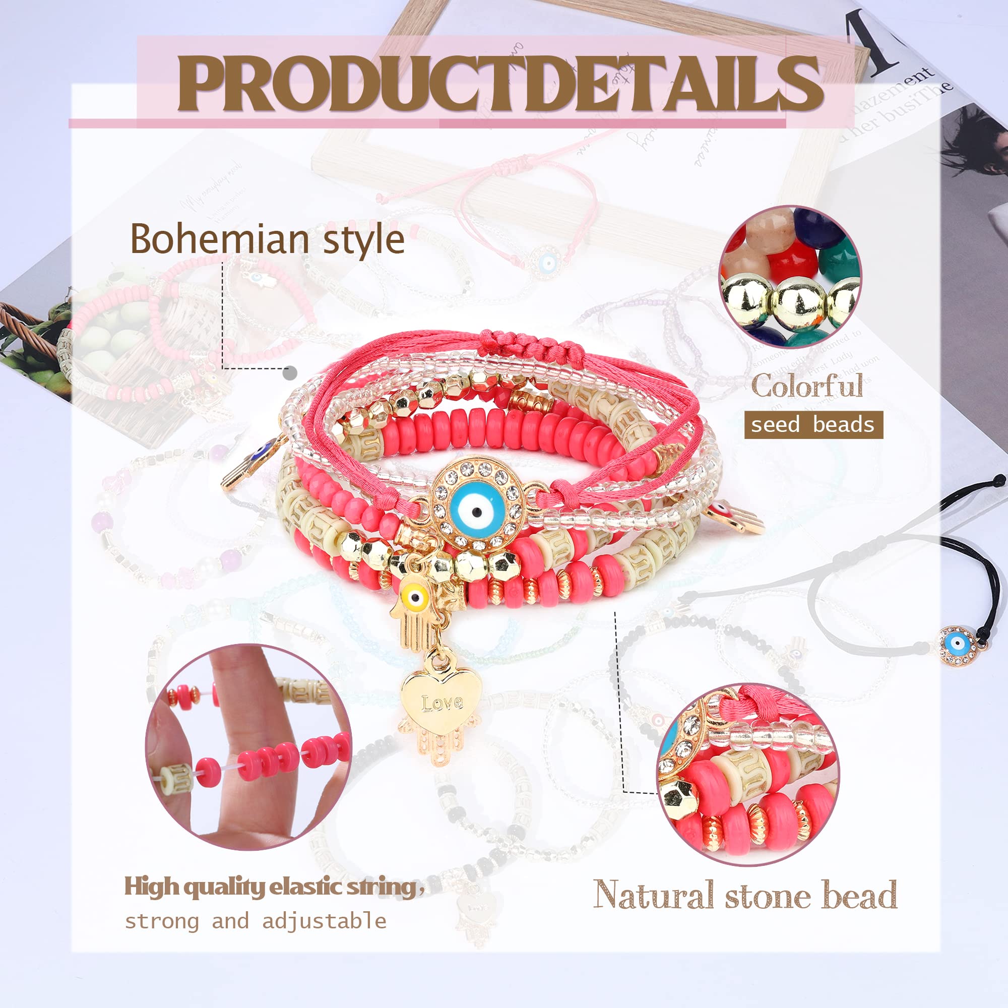 sailimue 6 Sets Bohemian Stackable Bead Bracelets for Women Multicolor Stretch Evil Eye Beaded Bracelets Layered Bead Adjustable Bracelet Jewelry