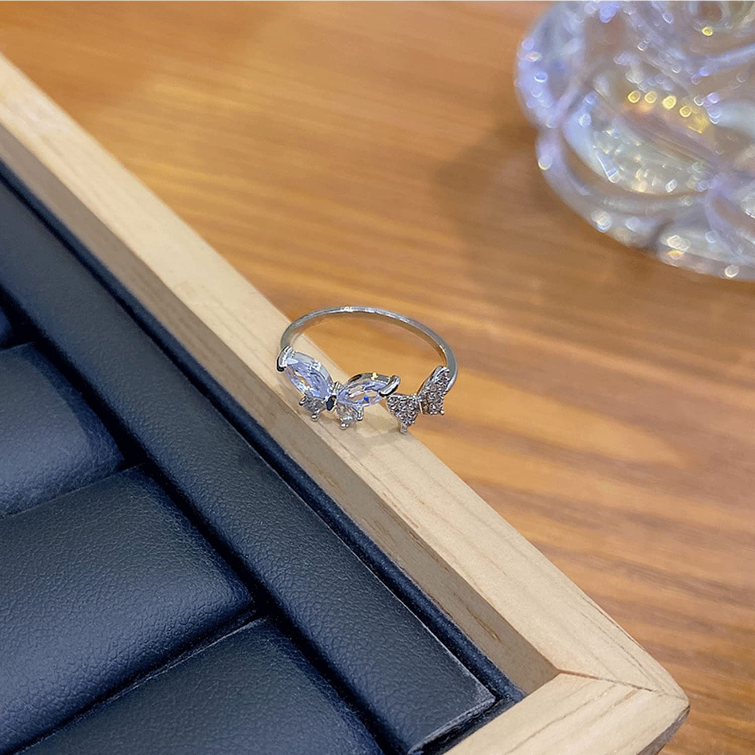 NORLSO Silver Butterfly Ring Dainty Crystal Zircon Butterfly Ring Cute Butterfly Open Rings Adjustable Rings Statement Rings Promise Engagement Ring for Women Bride (Silver)