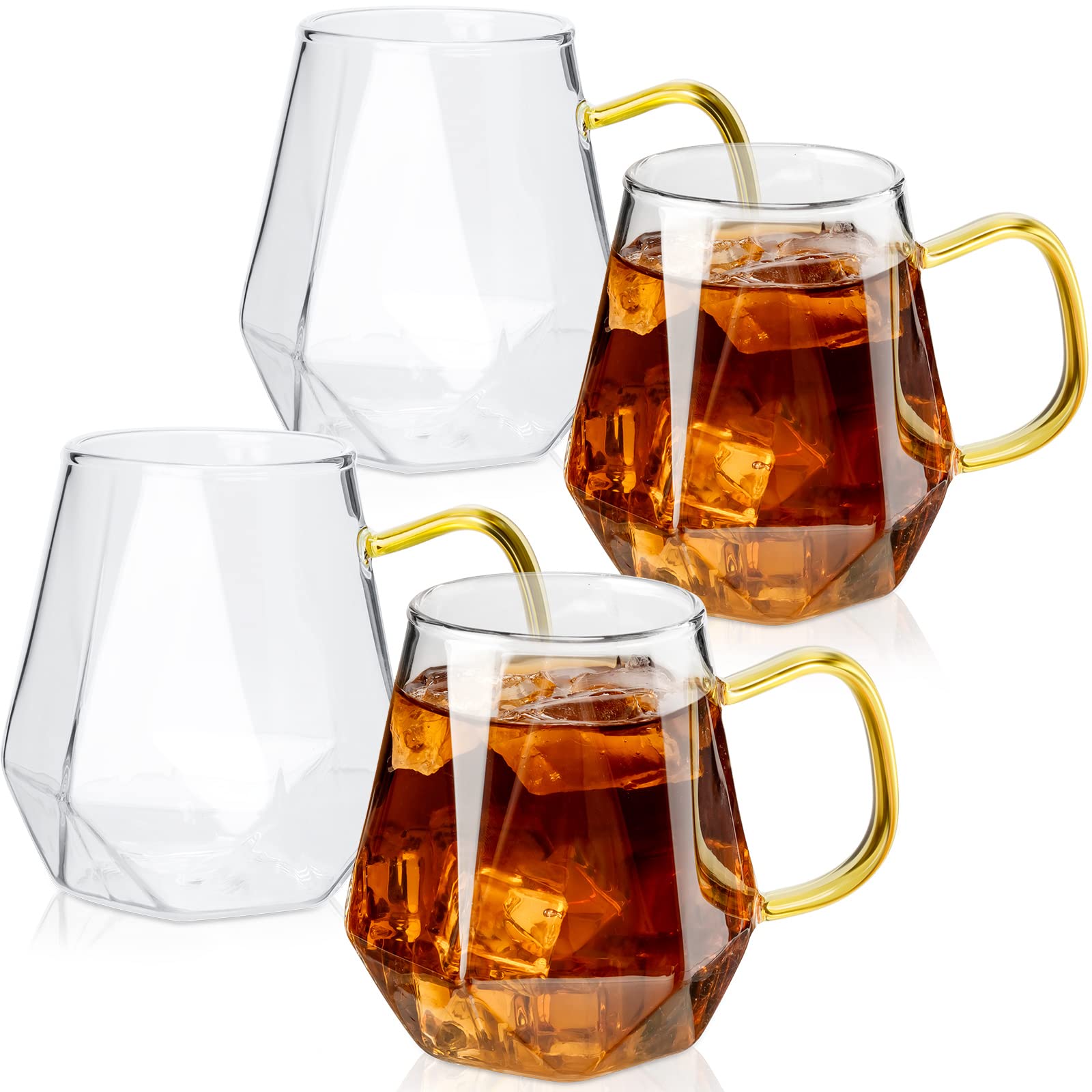 Patelai 4 Pieces Glass Coffee Cups with Handle, 10 oz Glass Clear Coffee Mugs for Hot Espresso Liquor, Microwave Safe Tea Cups Glass Set Gift, Diamond Design(4 Pieces)