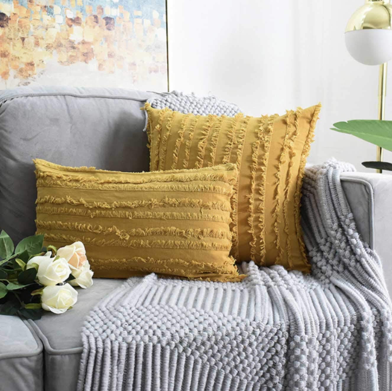Luxton Set of 2, Mustard Yellow Throw Pillow Covers 18x18, Cotton Linen Decorative Boho Tassels Pillow Cushion Covers for Couch Sofa Bed Home Decor, 18x18 inch 45x45 cm