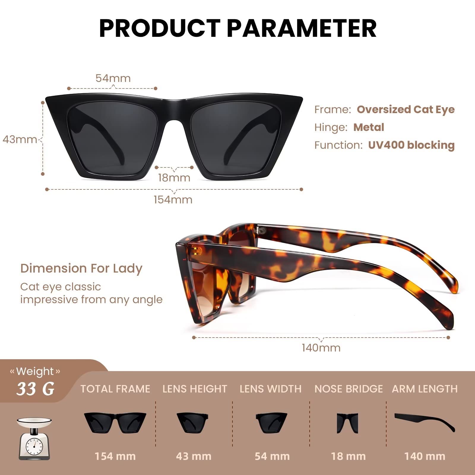 racico Trendy Cat Eye Sunglasses Women - 2 pack Vintage Oversized Cateye Style Square Sun Glasses Women Men
