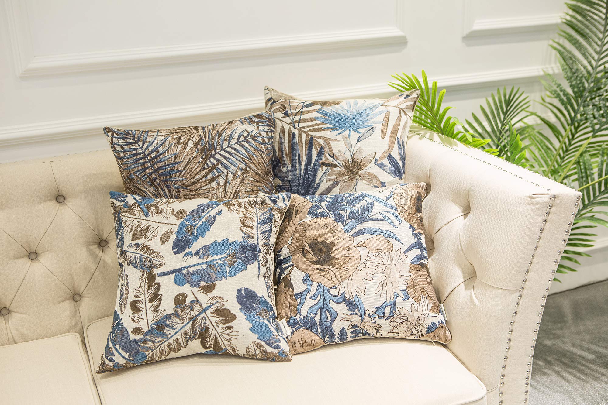 Mika Home Set of 4 Blue Garden Series Throw Pillow Covers Pillow Cases for Sofa Couch Home Decorations Flowers and Leaves 18" x 18" 45cm x 45cm