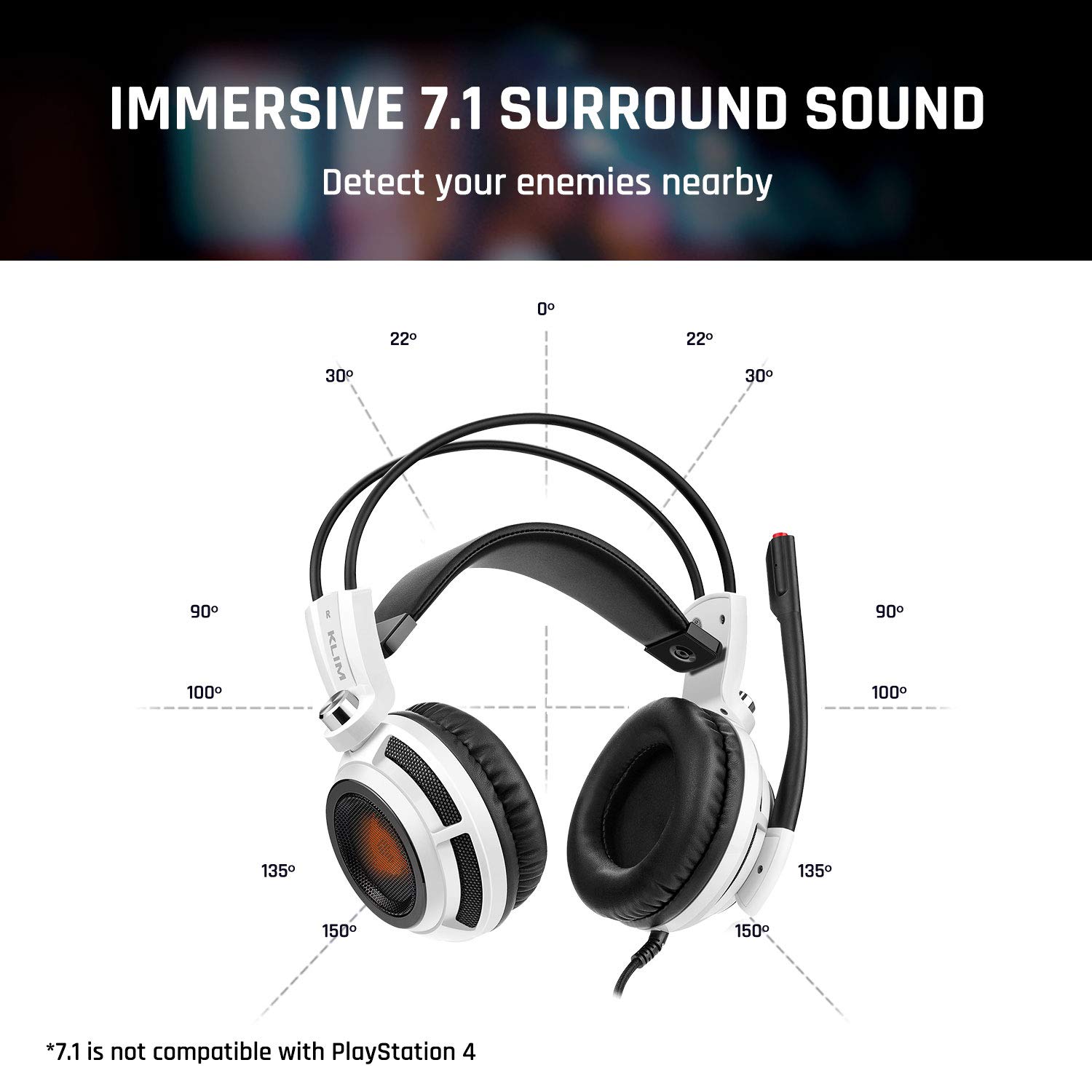 Klim Puma - USB Gamer Headset with Mic - 7.1 Surround Sound Audio - Integrated Vibrations - Perfect for PC and PS4 Gaming - New Version - White