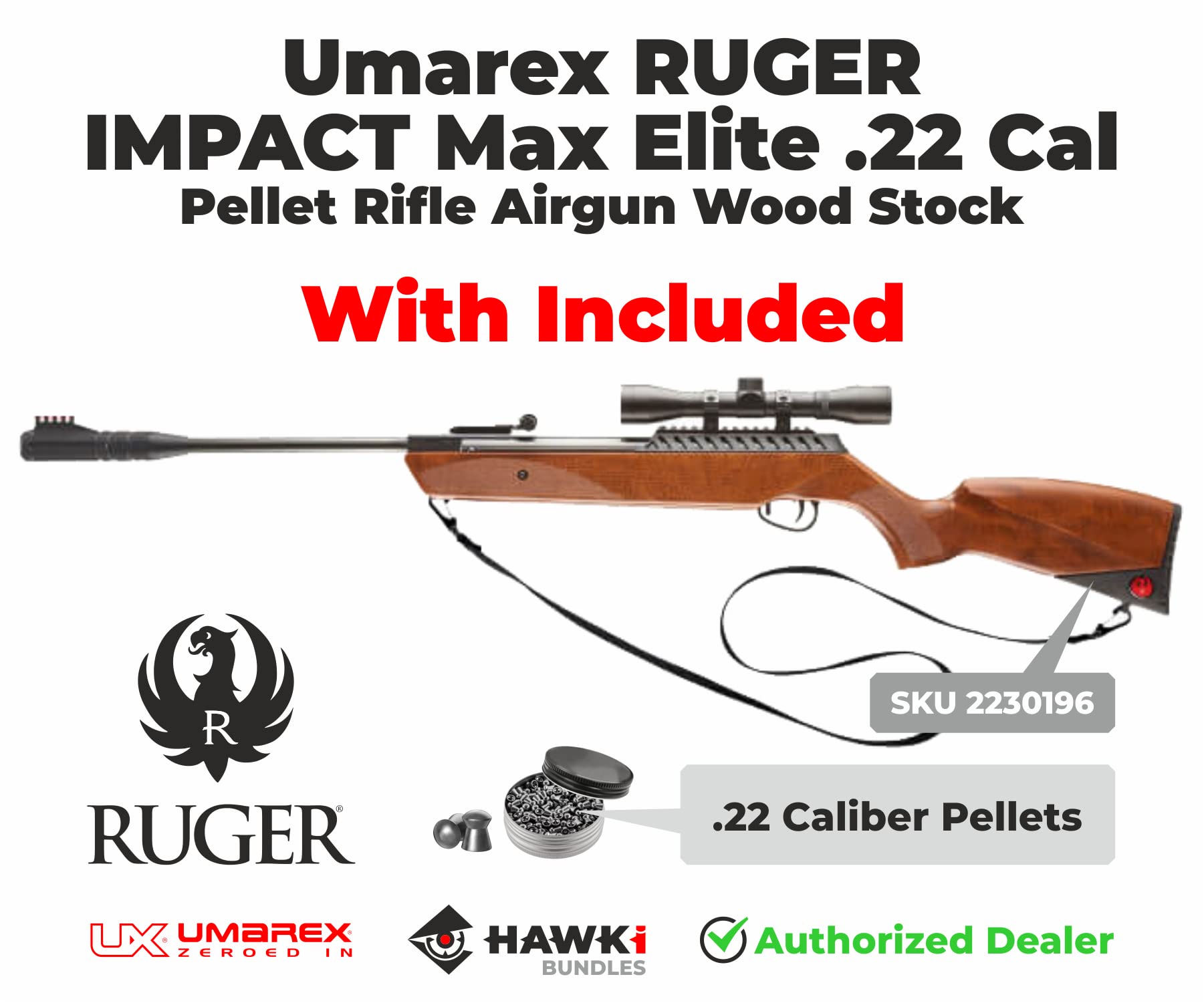 Ruger Impact Max Elite .22 Caliber Wood Stock Break Barrel Air Rifle 900fps with Wearable4U Pack of 250x .22 Cal Pellets Bundle