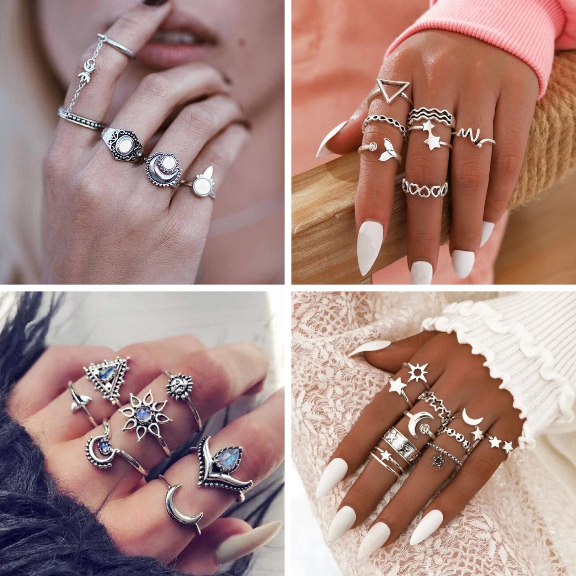 Sanfenly 85Pcs Silver Knuckle Rings Set for Women, Vintage Boho Punk Cross Butterfly Chain Finger Rings Stackable Rings Midi Rings Crystal Joint Finger Rings Pack