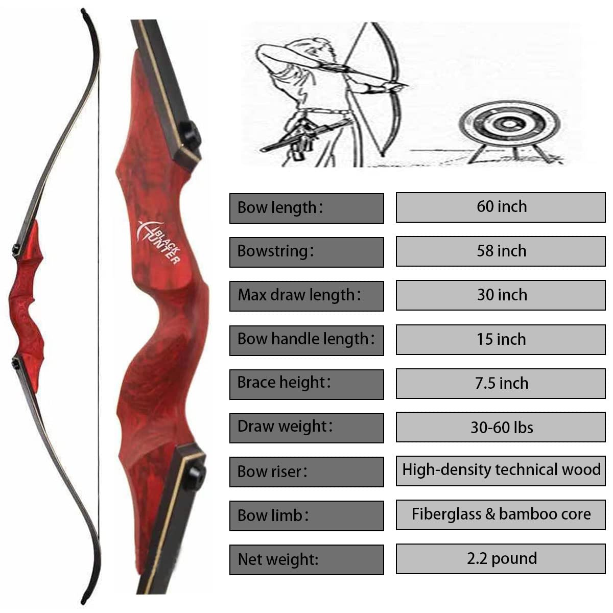 Monleap Recurve Bow and Arrows for Adults 60" Archery Set Right Hand Longbow 30-60lb Wood Riser Takedown Bow Arrow Quiver for Beginner to Intermediate Shooting Hunting（30LB）