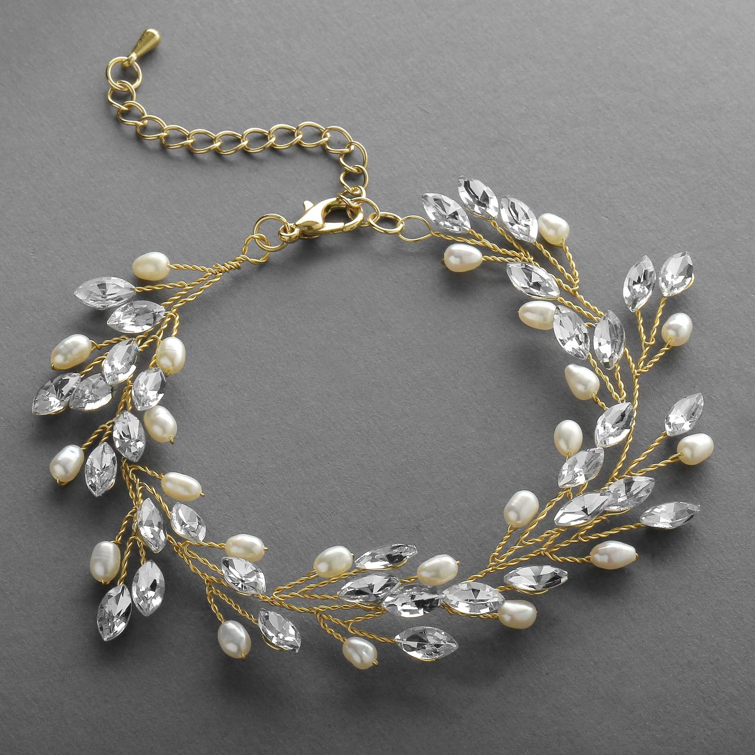 Mariell Bridal and Wedding Gold Bracelet with Crystal Gems and Freshwater Pearls, Fits 7" to 8 ½" Wrist