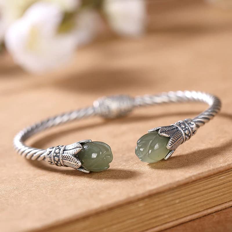 Silver Plated Open End Bangle Bracelet With 2 Natural Jade Gemstones