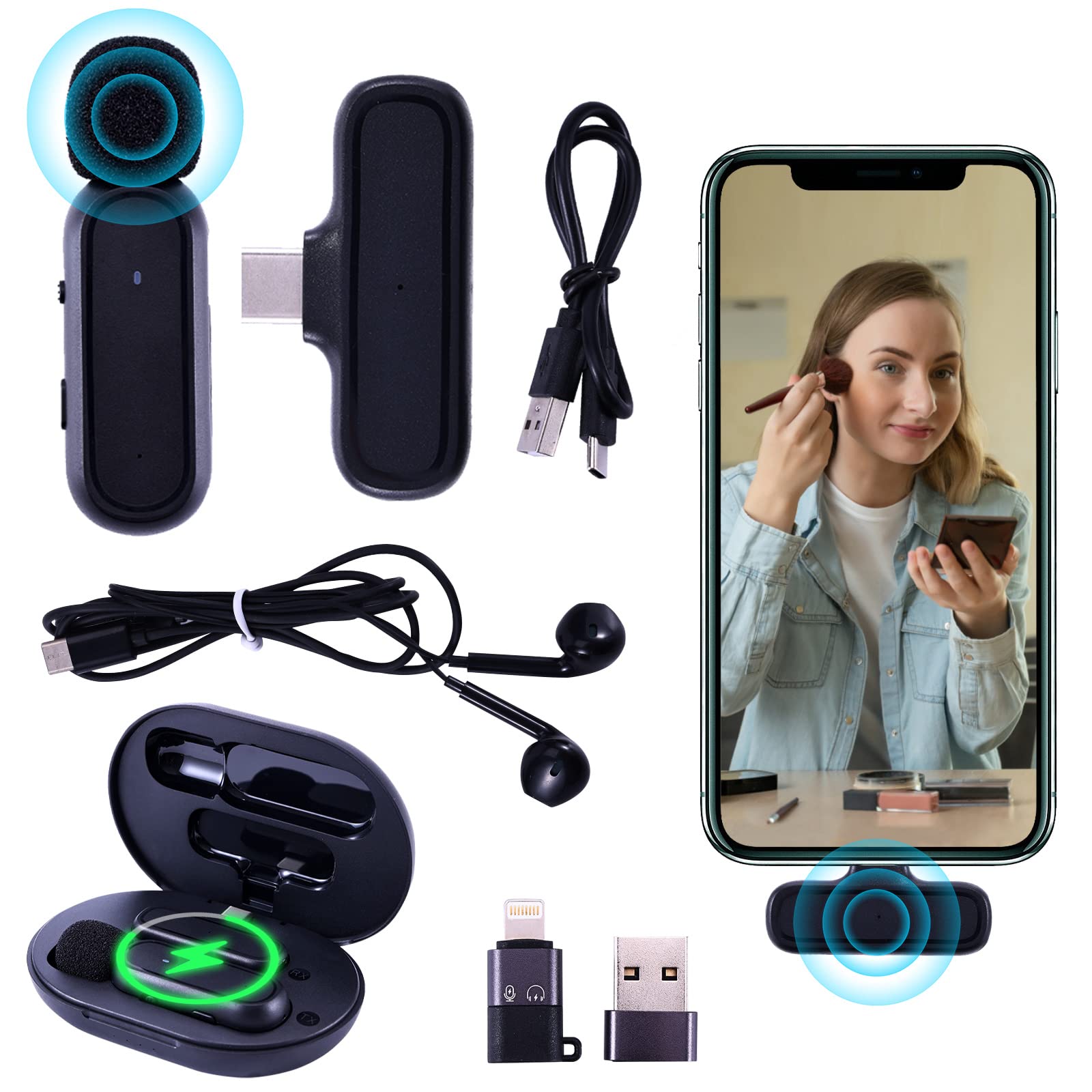 SINWE Clip-on Collar Microphone，Wireless Lavalier Lapel Microphone for iPhone Android &PC， with Charging Case and Monitor Headphone,Recording Mic for Interview Video Podcast Vlog YouTube