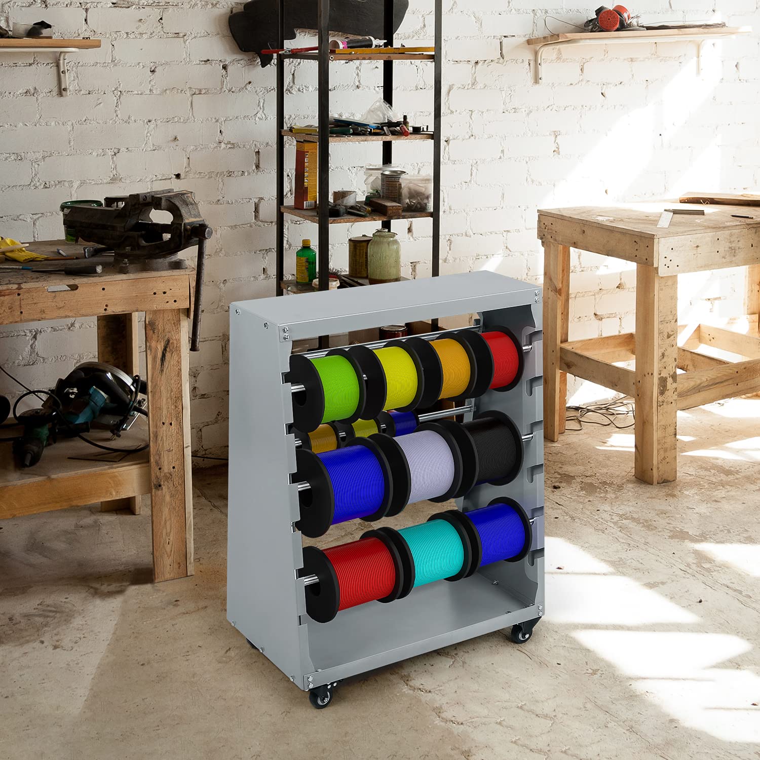 uyoyous Wire Spool Rack 29.5 x 25.2 Inch Cold-Rolled Steel Cable Dispenser Cart with Locked Wheels 6 Rods Electrical Wire Spool Storage Dispenser 300lbs Capacity for Industrial Workplace