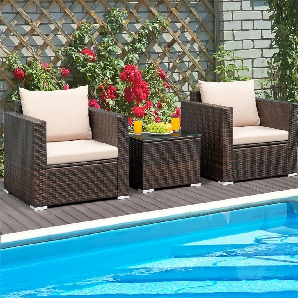 LIUJUN 3PCS Patio Rattan Furniture Set Conversation Wicker Sofa Set W/Cushion Garden