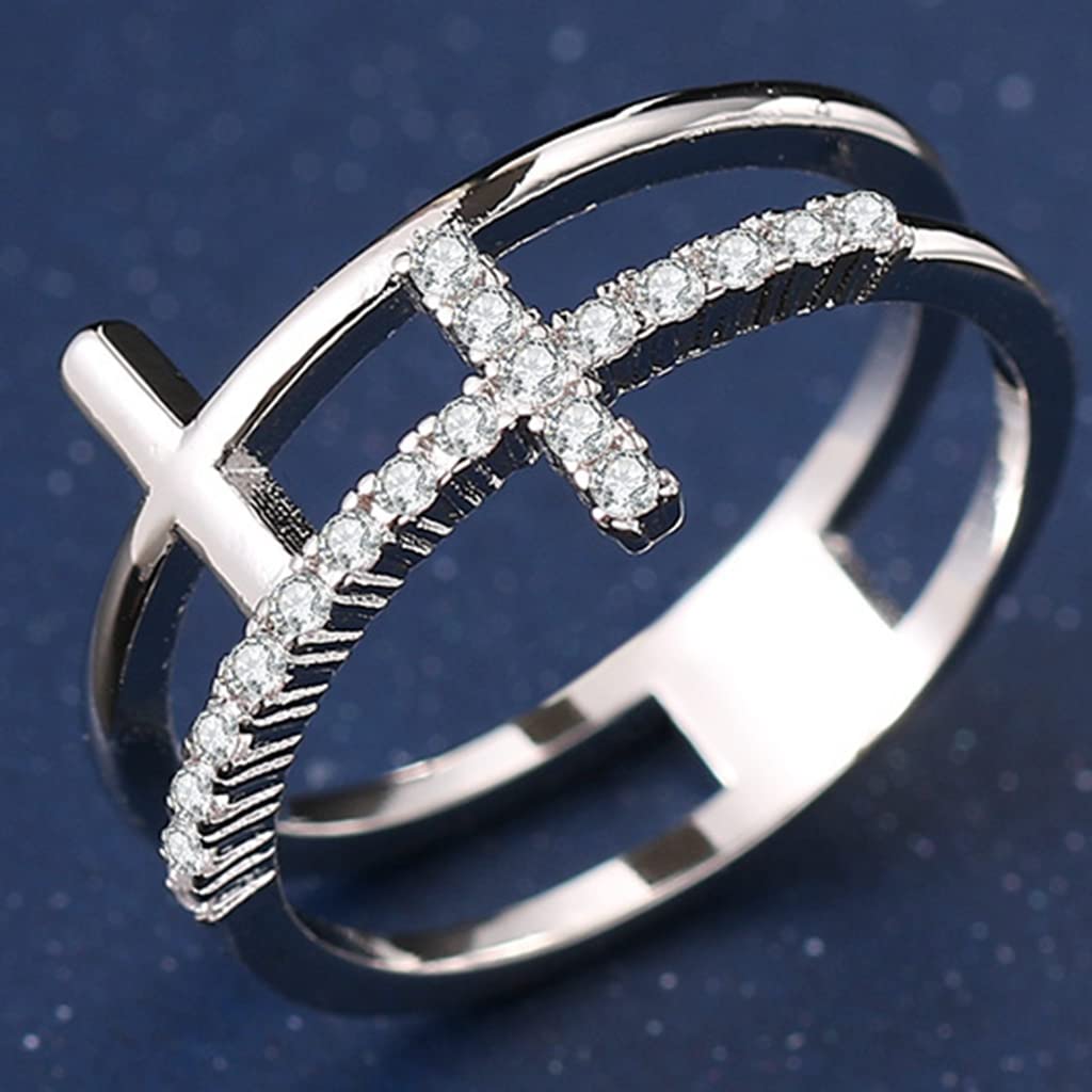 Silver Rose Gold Plated Double Christian Cross Religious Wedding Statement Christmas Holiday Ring (Silver, 8)