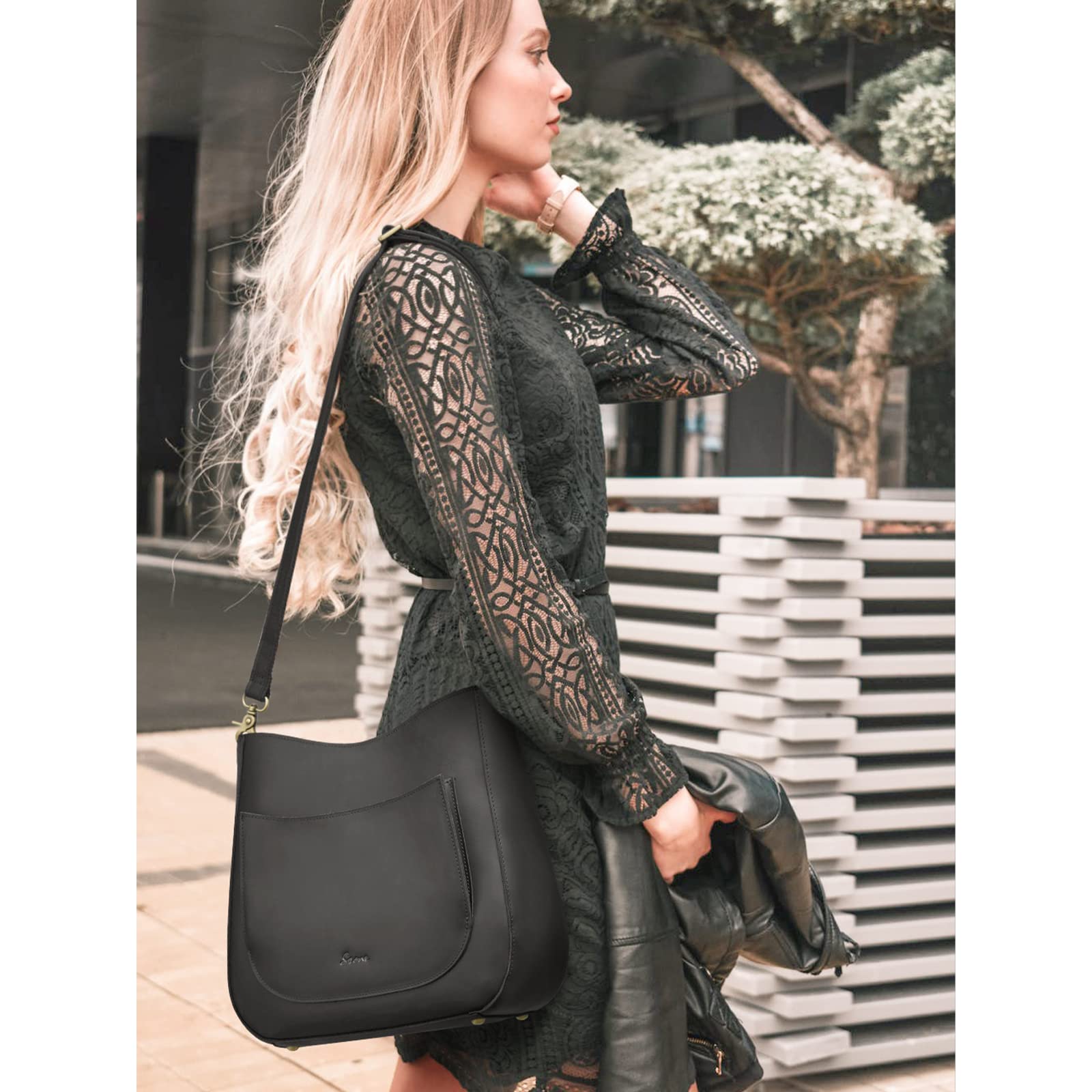 S-ZONE Women Genuine Leather Hobo Bag Crossbody Bucket Purse Vintage Shoulder Handbag with Woven Strap