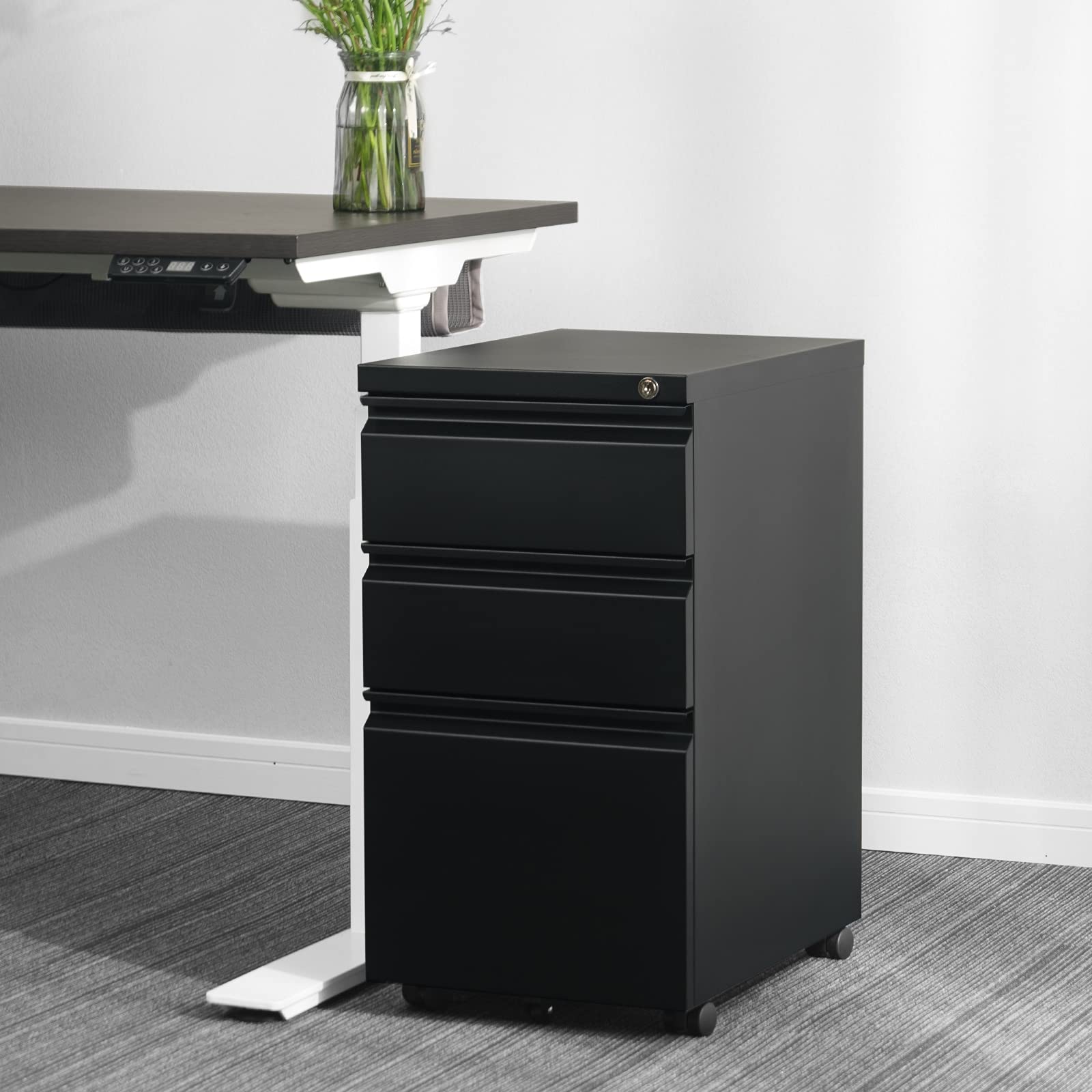 PALFISH 2-Drawer File Cabinet with Lock, Metal Filling Cabinets Suits Legal/Letter Size for Home Office, Fully Assembled Except Wheels, Grey (2-Drawer Widen, Black)