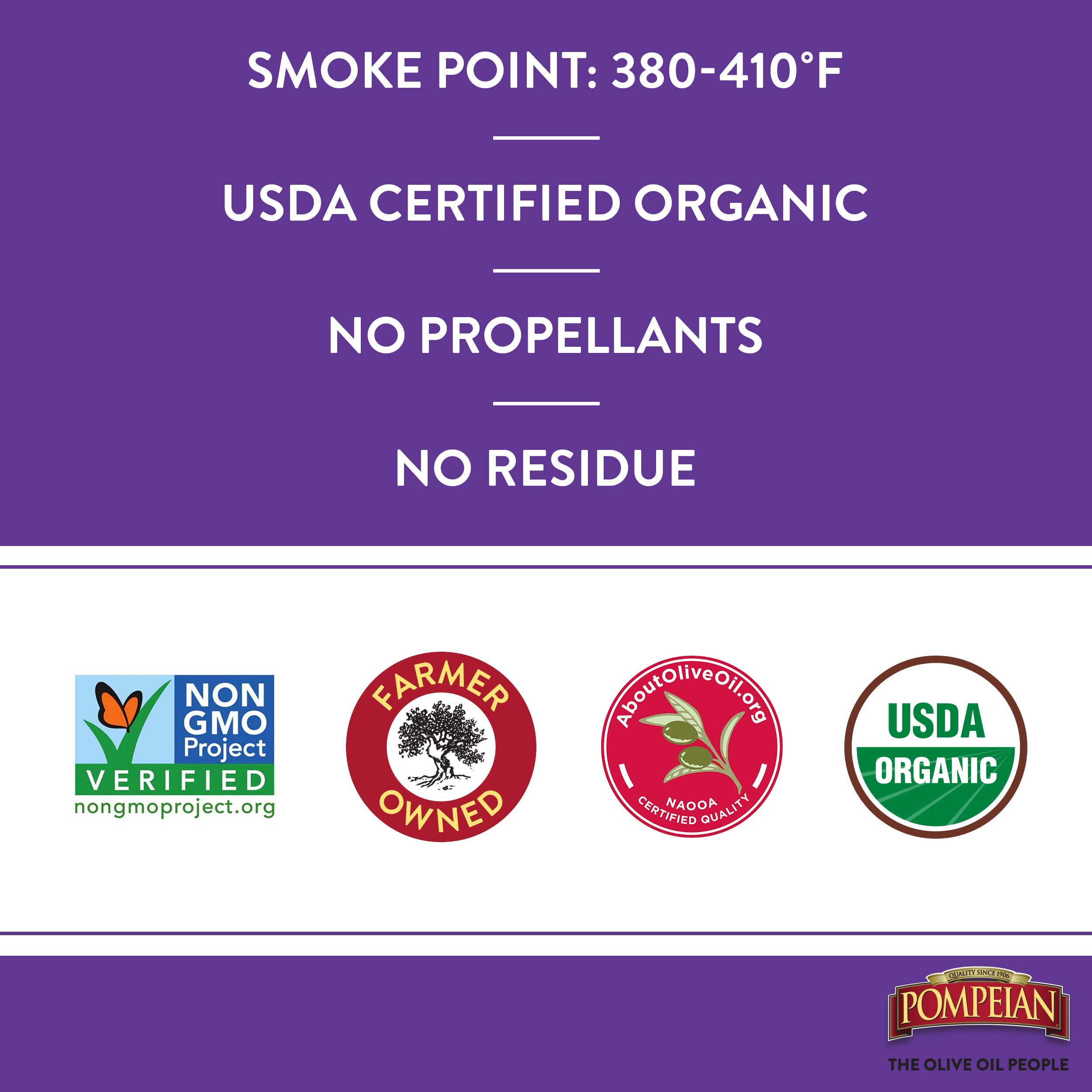 Pompeian USDA Organic Extra Virgin Olive Oil Non-Stick Cooking Spray, Full-Bodied, Perfect for Salads & Pasta, Naturally Gluten Free, Non-Allergenic, Non-GMO, No Propellant, 5 FL. OZ., 3-Pack